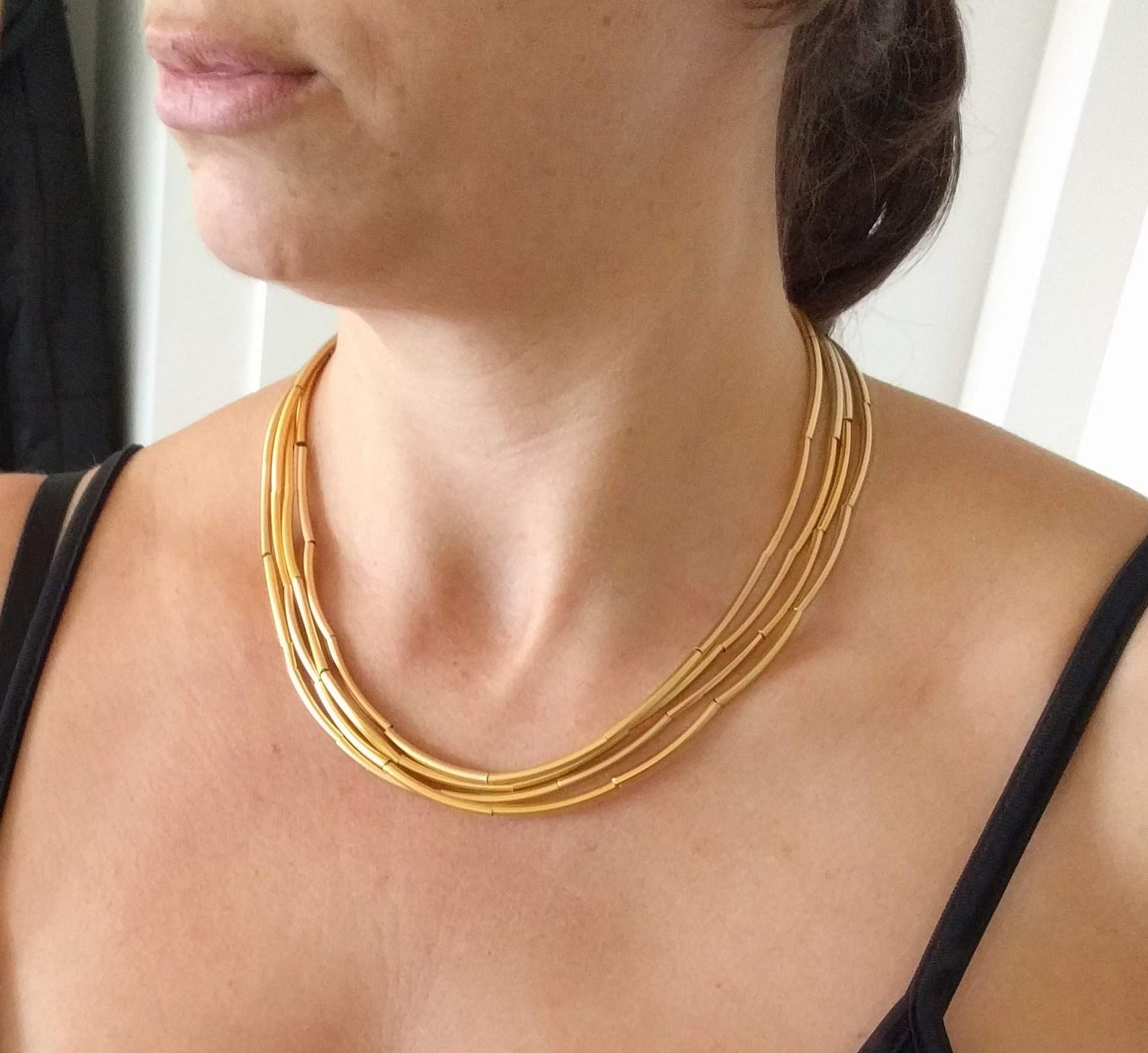 Gold Strand Necklace, Gold Layered Necklace, Gold Tube Necklace, Gold ...