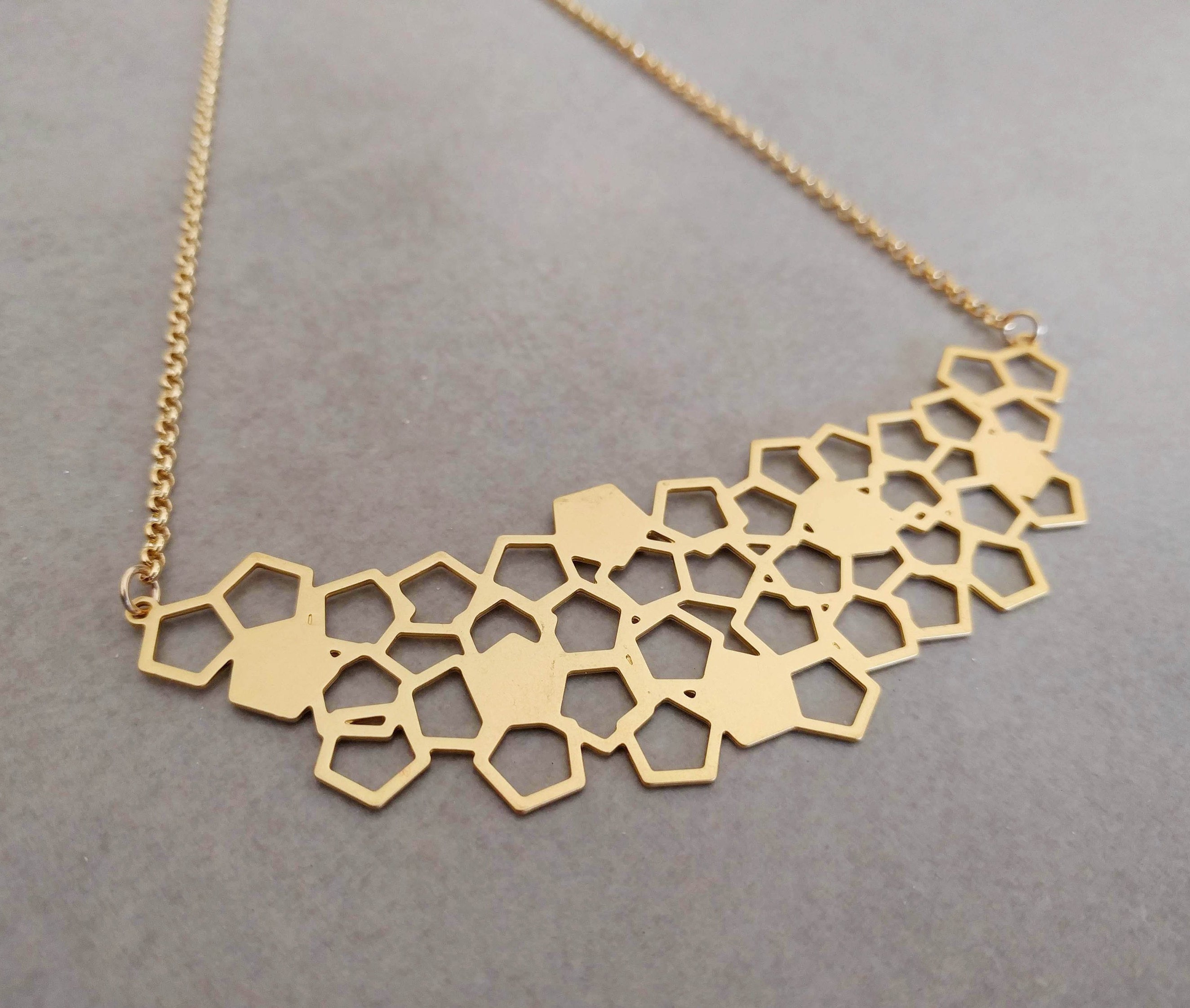 Gold Geometric Necklace, Gold Necklace, Honeycomb Necklace, Pentagon ...