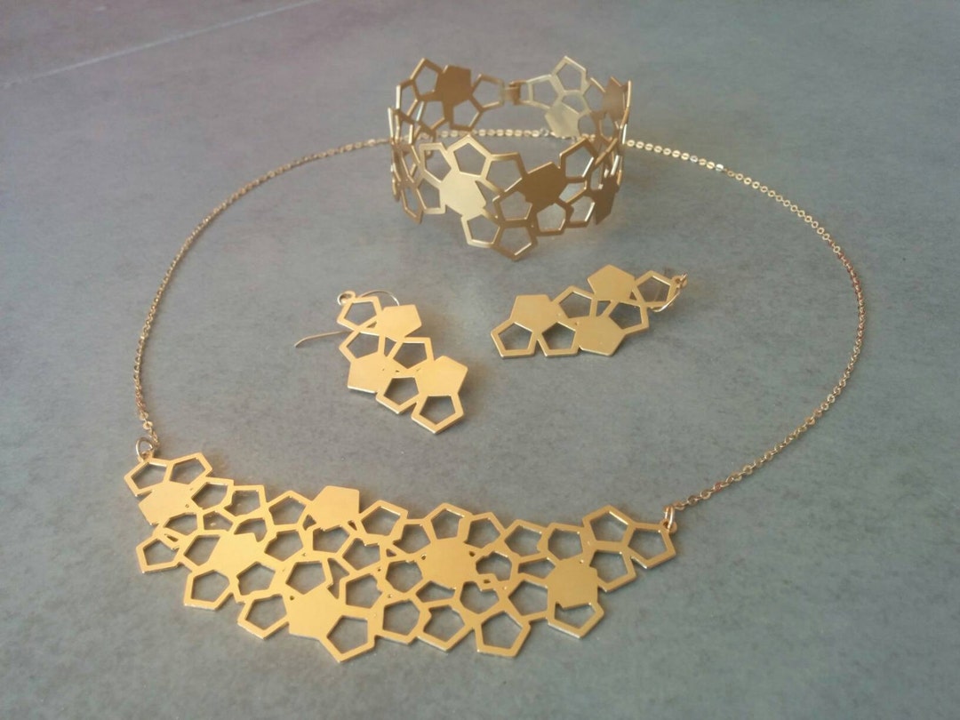 Gold Geometric Necklace, Gold Necklace & Earrings Set, Geometric ...