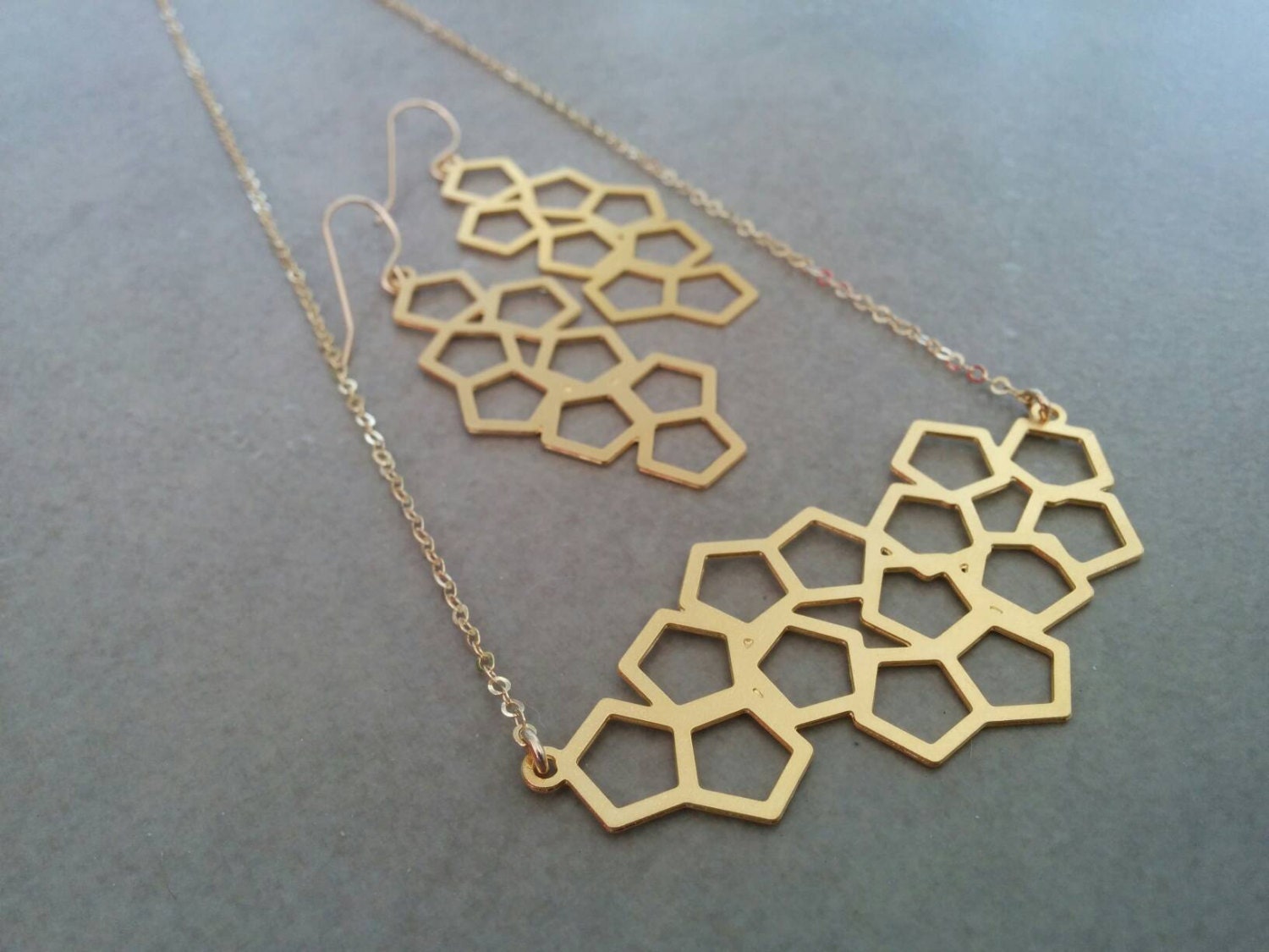 Gold Geometric Necklace, Gold Jewelry Set, Gold Necklace, Gold Earrings ...