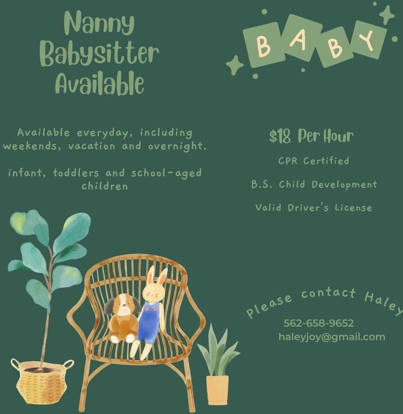 Babysitting Nanny Child Care Services Flyer Digital Card Editable ...