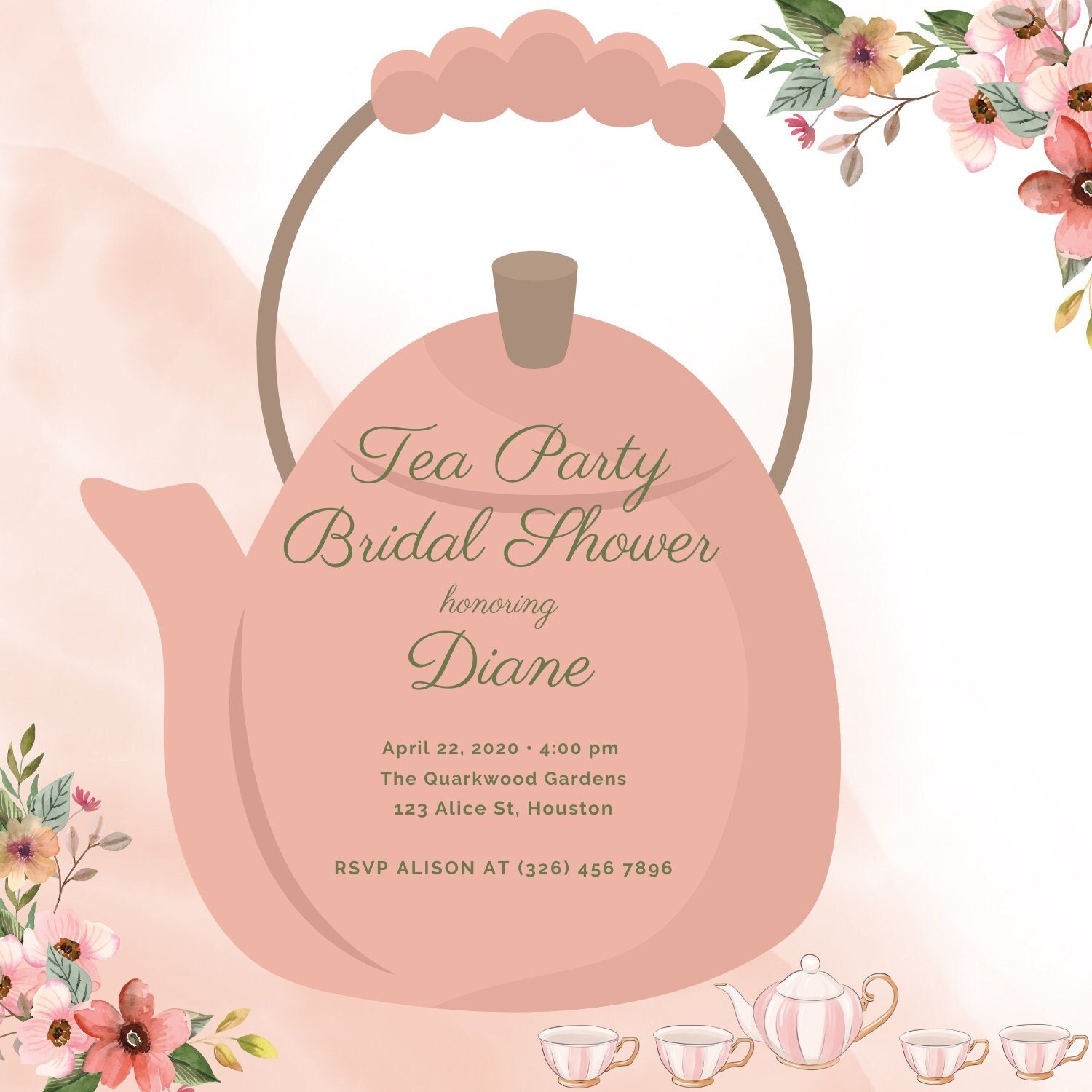 Vintage English Tea Party Floral Bridal Shower Wedding Party Invitation ...
