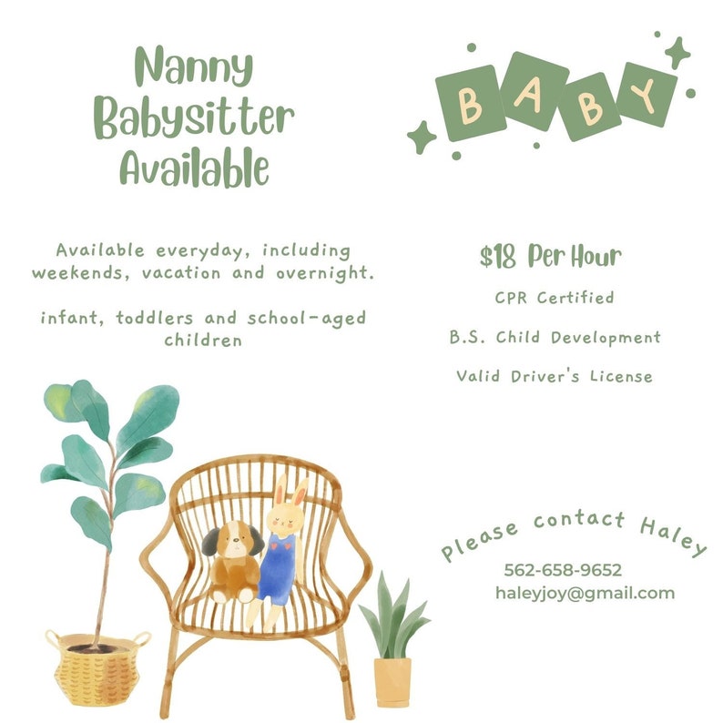 Babysitting Nanny Child Care Services Flyer Digital Card Editable ...