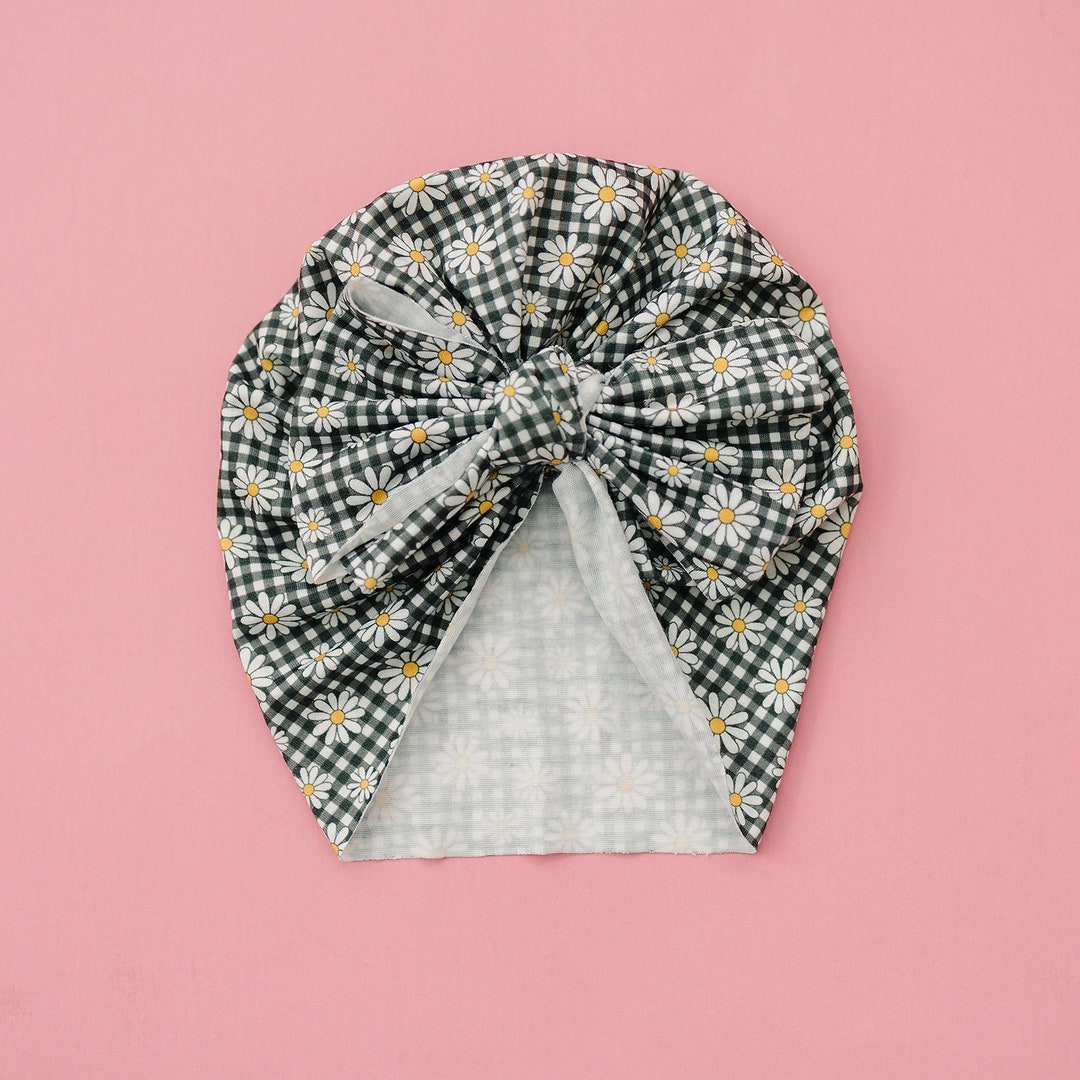 Vintage Black and White Checkered Daisy Floppy Bow Baby Turban, Baby ...