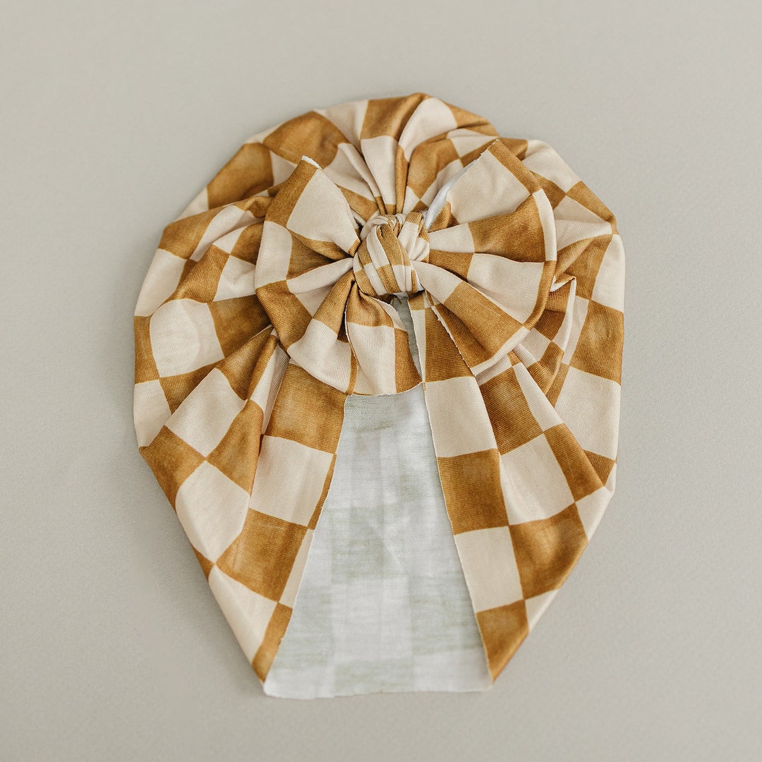 Trendy Neutral Checkered Messy Bow Baby Turban - Etsy