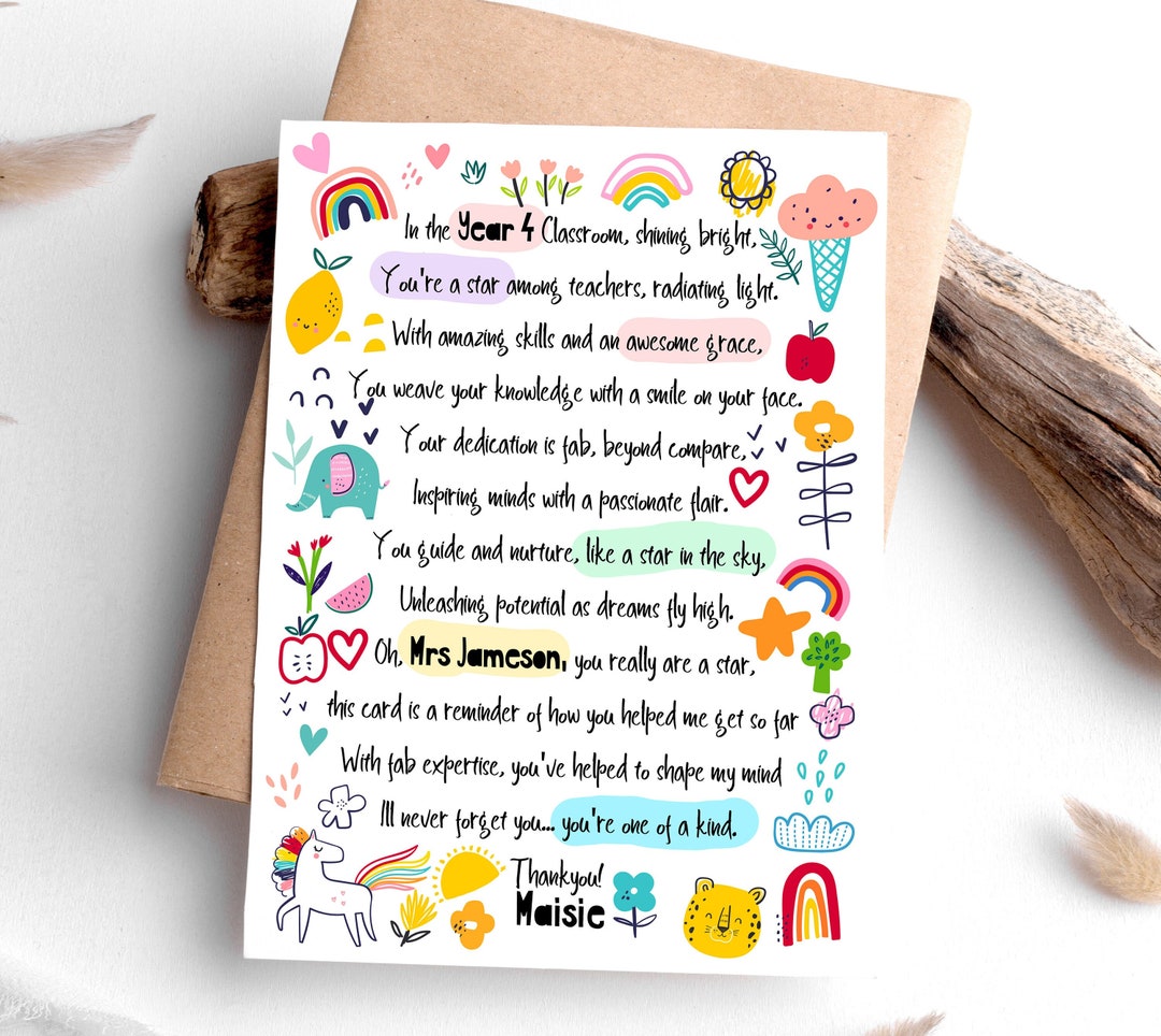 Personalised Teacher Thank You Card, School Leaving Card, End of Term ...