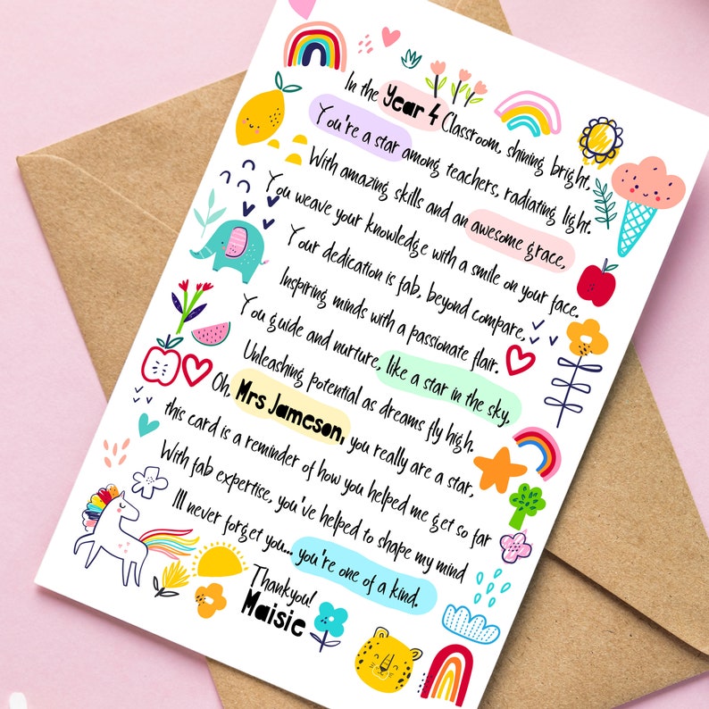 Personalised Teacher Thank You Card, School Leaving Card, End of Term ...