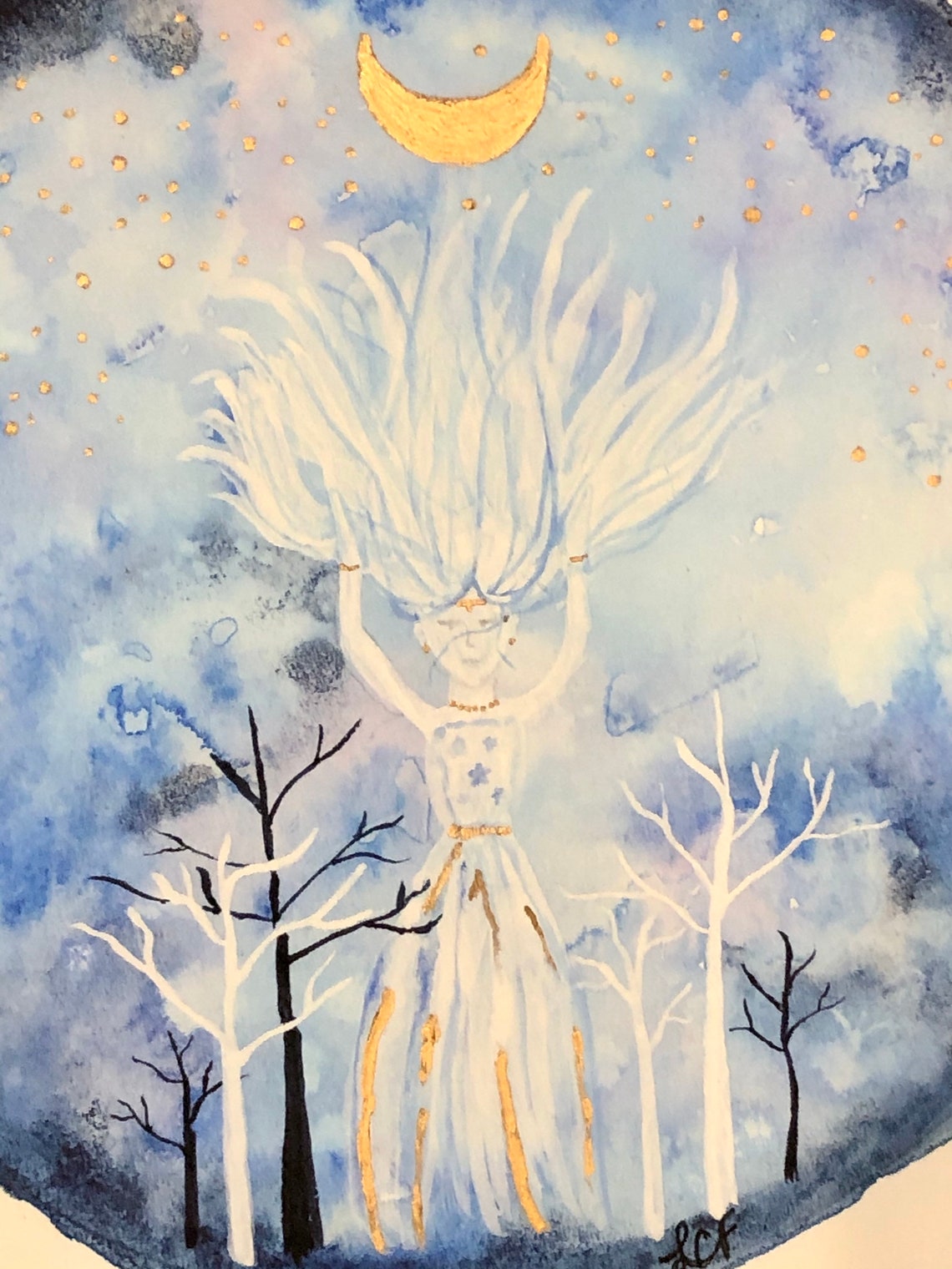 Golden Moon/moon Goddess Art/blue Moon/magical Moon Goddess Luna/faerie ...