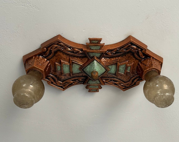 Art Deco Jade and Bronze Flush Mount Ceiling Light Fixture, 3 Bulb Antique 1920's Markel ...