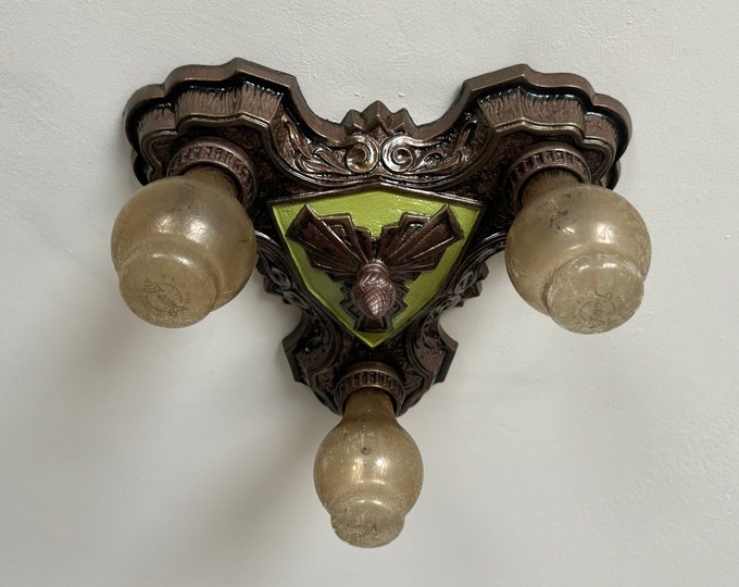 Art Deco Jade and Bronze Flush Mount Ceiling Light Fixture, 3 Bulb ...