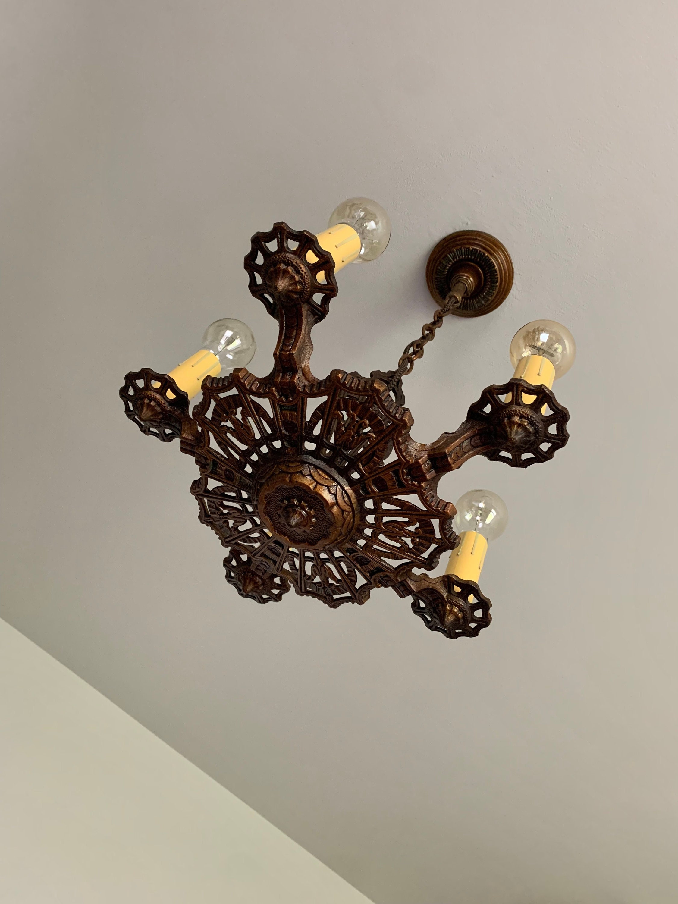 1905/07 Hanging Ceiling Light with Upright Bulbs, Heavy Cast Iron w ...