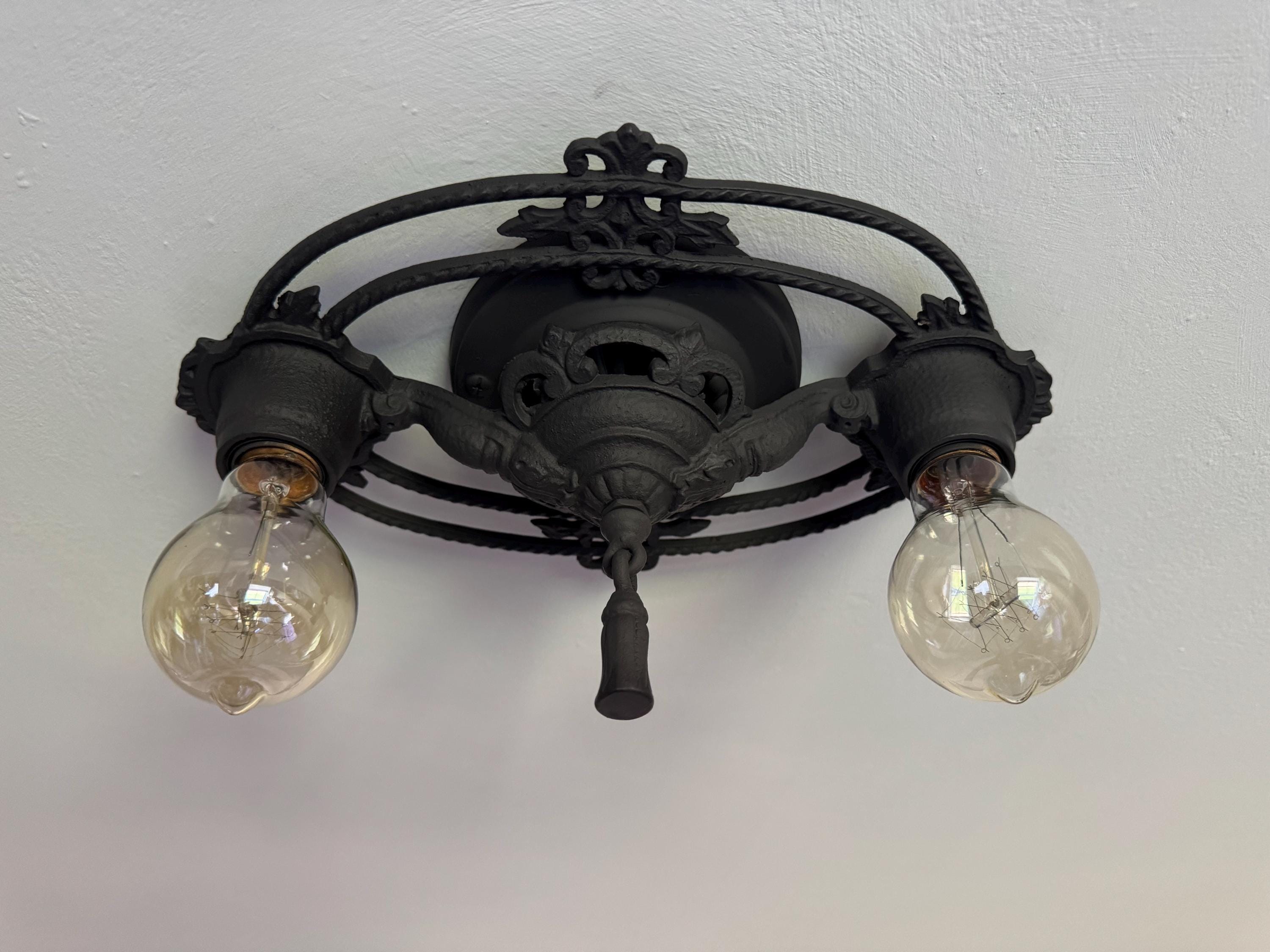 Antique Flush Mount Ceiling Light Fixture, 1910's Cast Iron, Rewired ...