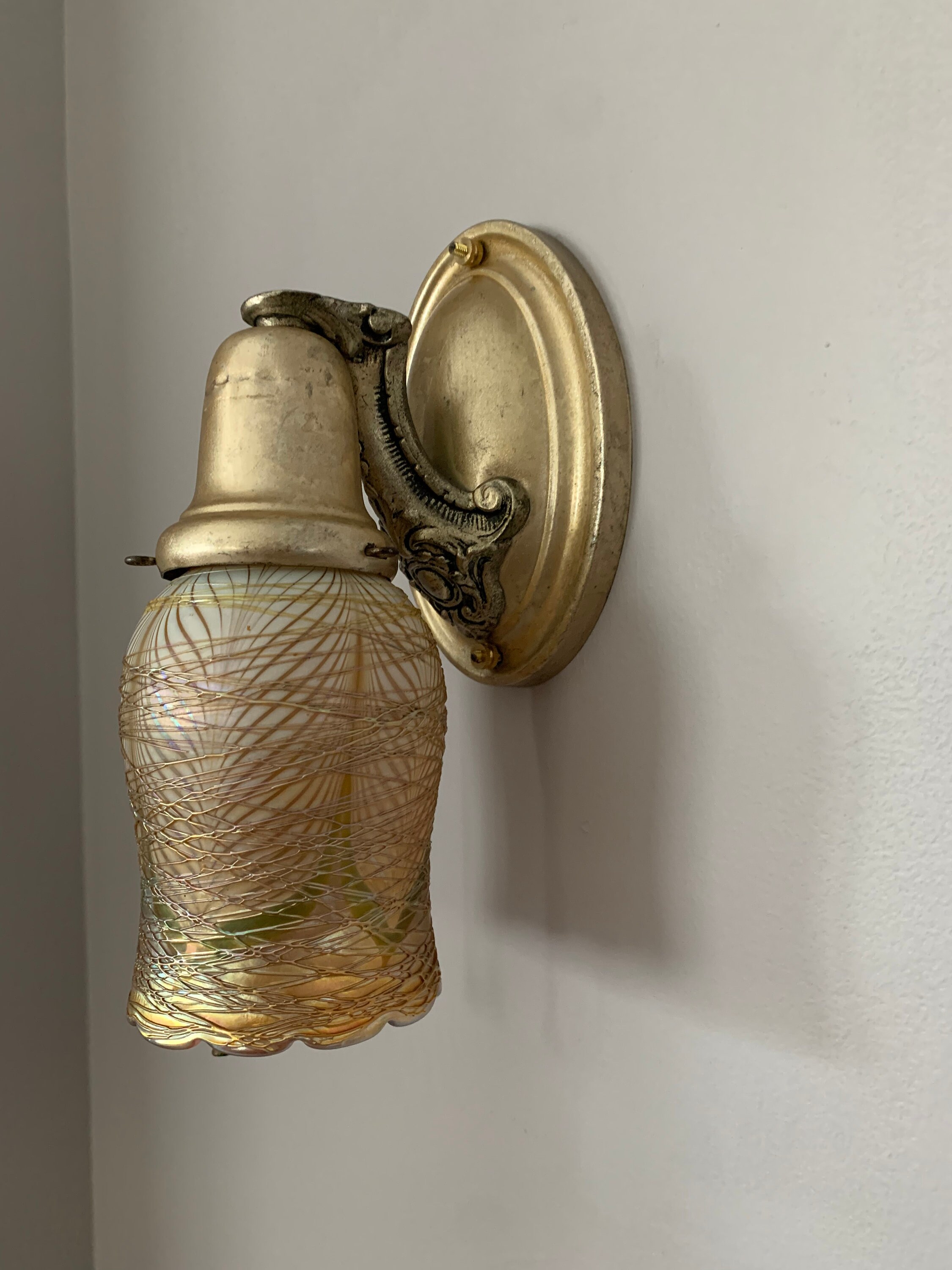 Antique Wall Sconce with Spun Gold Art Glass, 1910's Champagne Gold ...