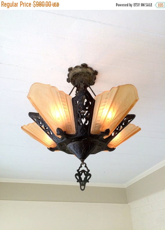 Gothic French Medieval Slip Shade Chandleir, 1920's, Patina, Original Decor