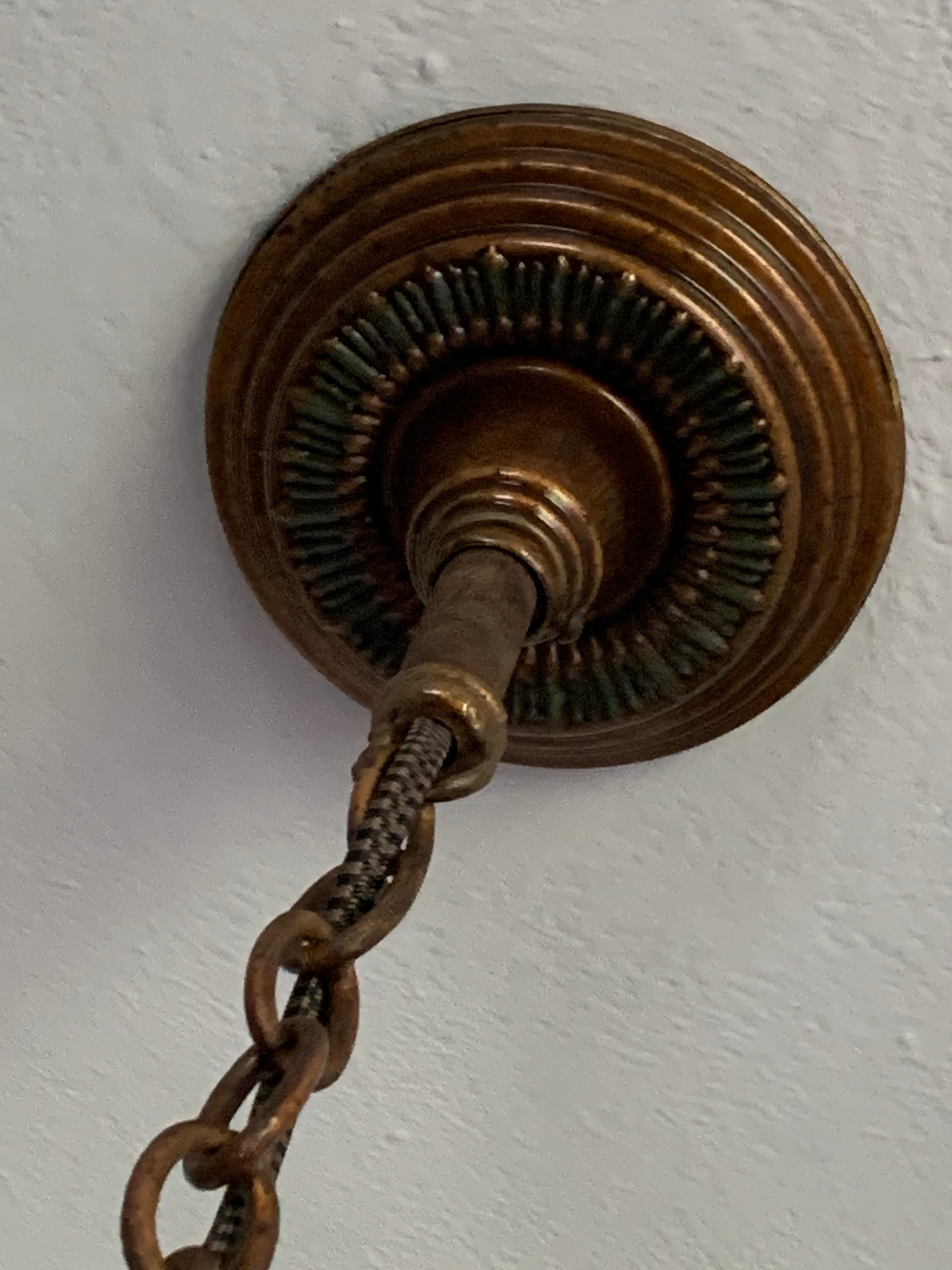 1905/07 Hanging Ceiling Light with Upright Bulbs, Heavy Cast Iron w ...