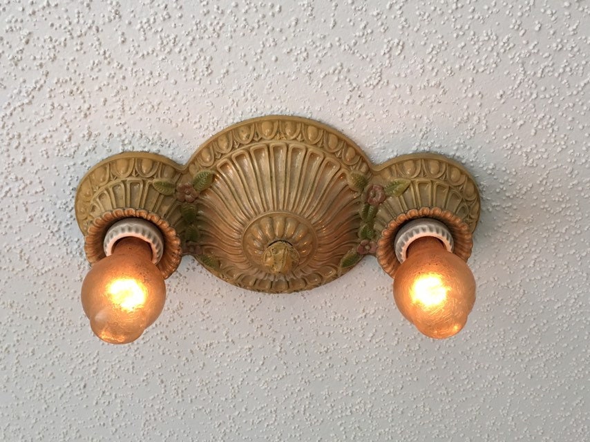 Antique Flush Mount Light Fixture, 1920's Cast Lead, Rewired with Original Decor, Bath Bedroom ...