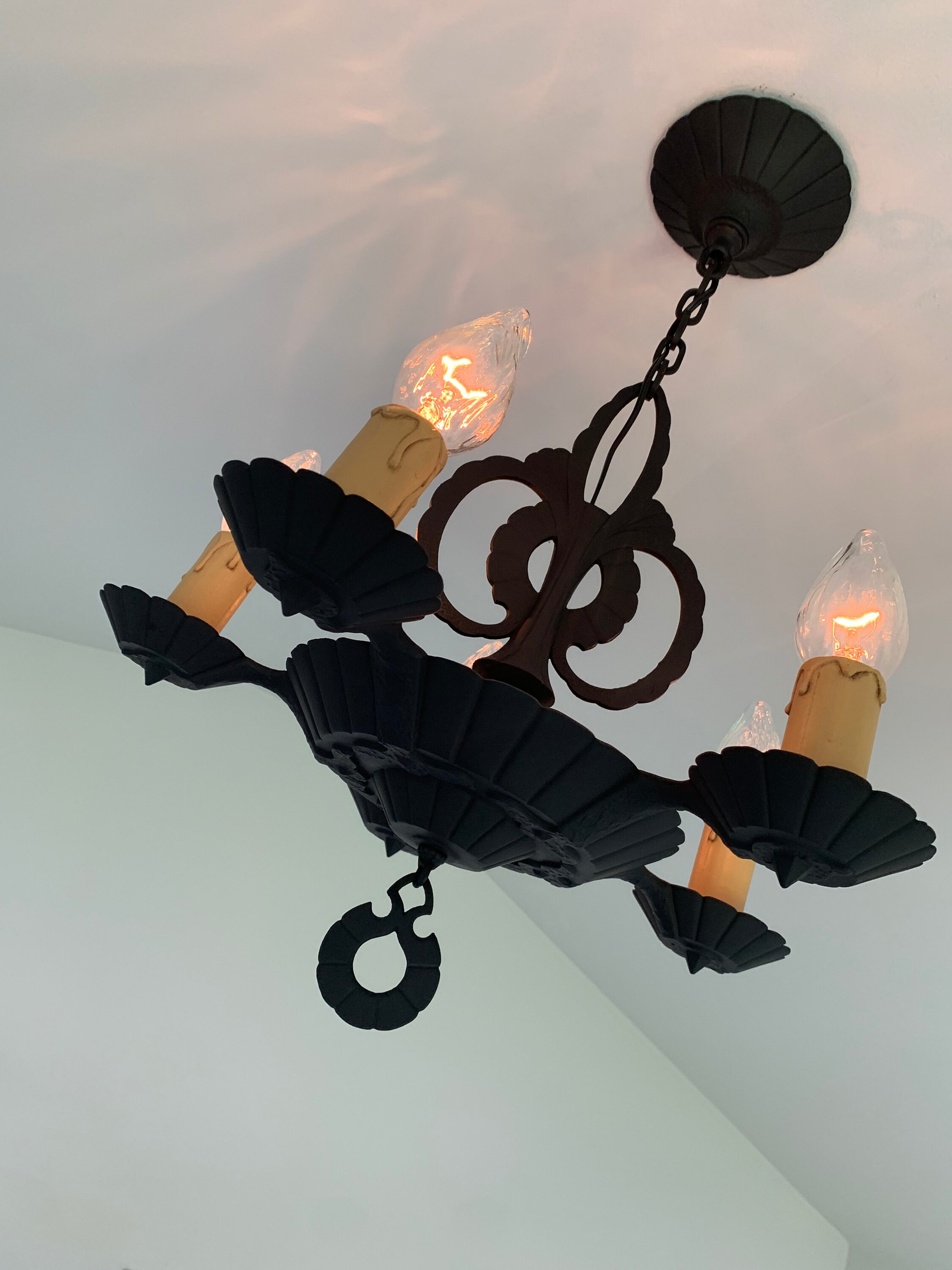 Art Deco Hanging Ceiling Fixture, Upright Bulbs, 1910's Cast Iron ...
