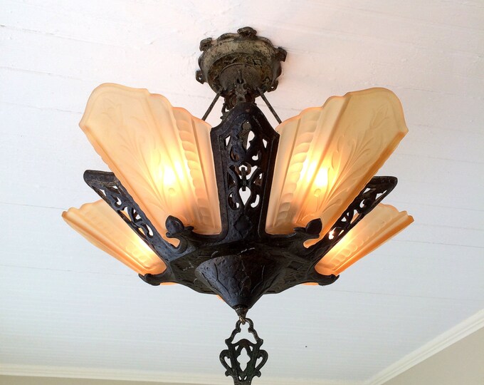 Gothic French Medieval Slip Shade Chandleir, 1920's, Patina, Original ...