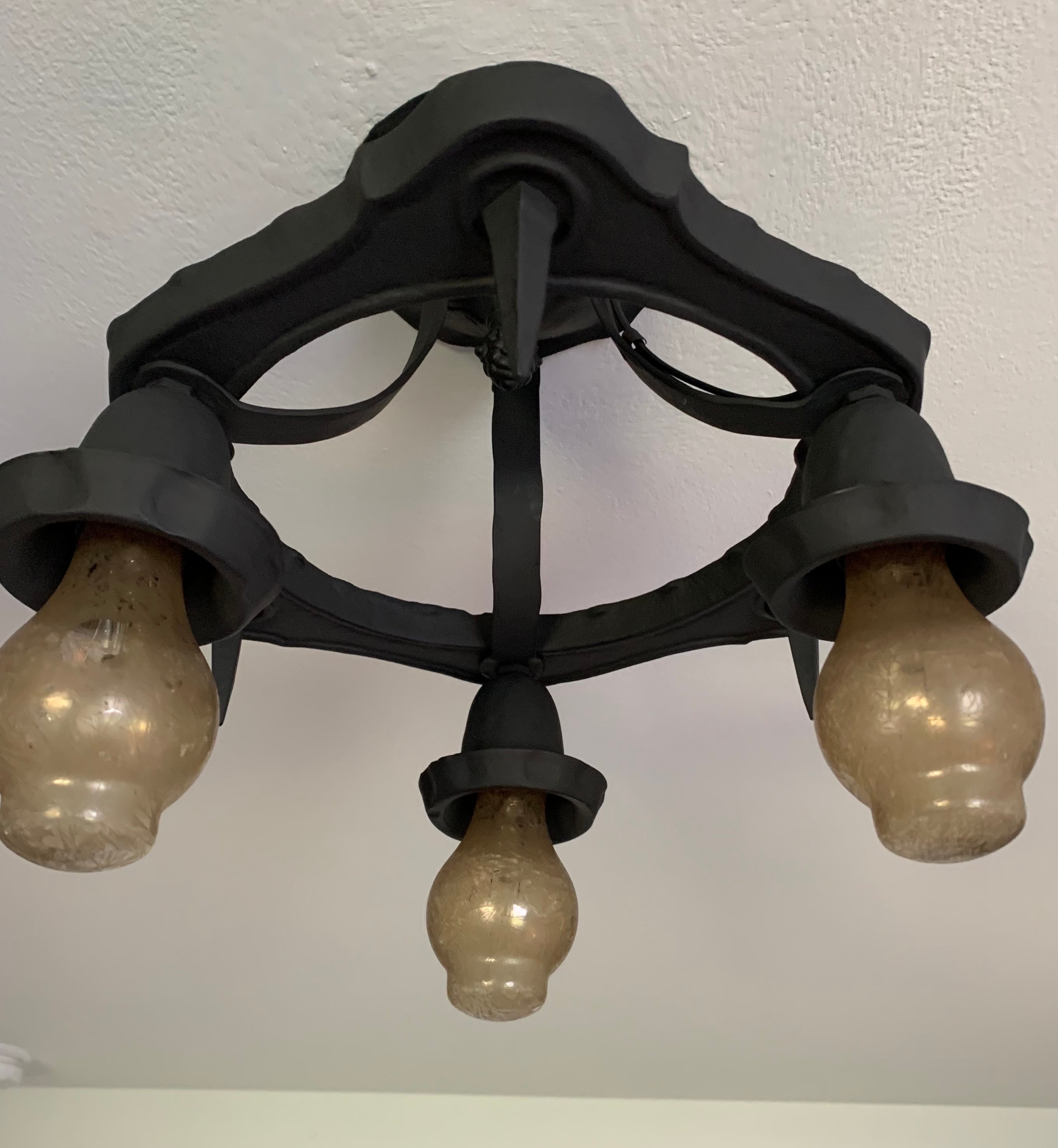 Gothic Medieval Semi-Flush 3 Bulb Ceiling Fixture, 1910's Cast Iron ...