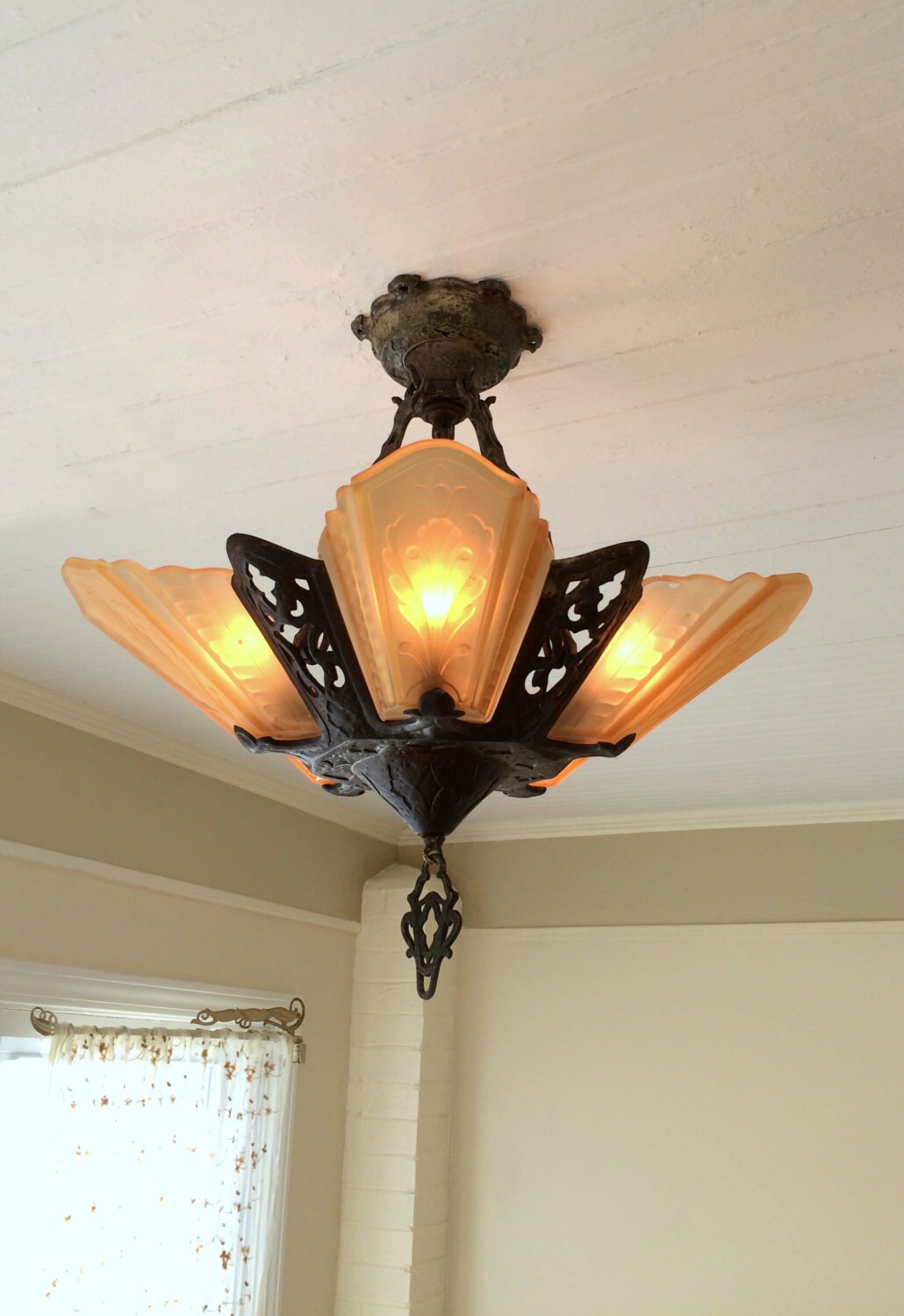 Gothic French Medieval Slip Shade Chandleir, 1920's, Patina, Original Decor