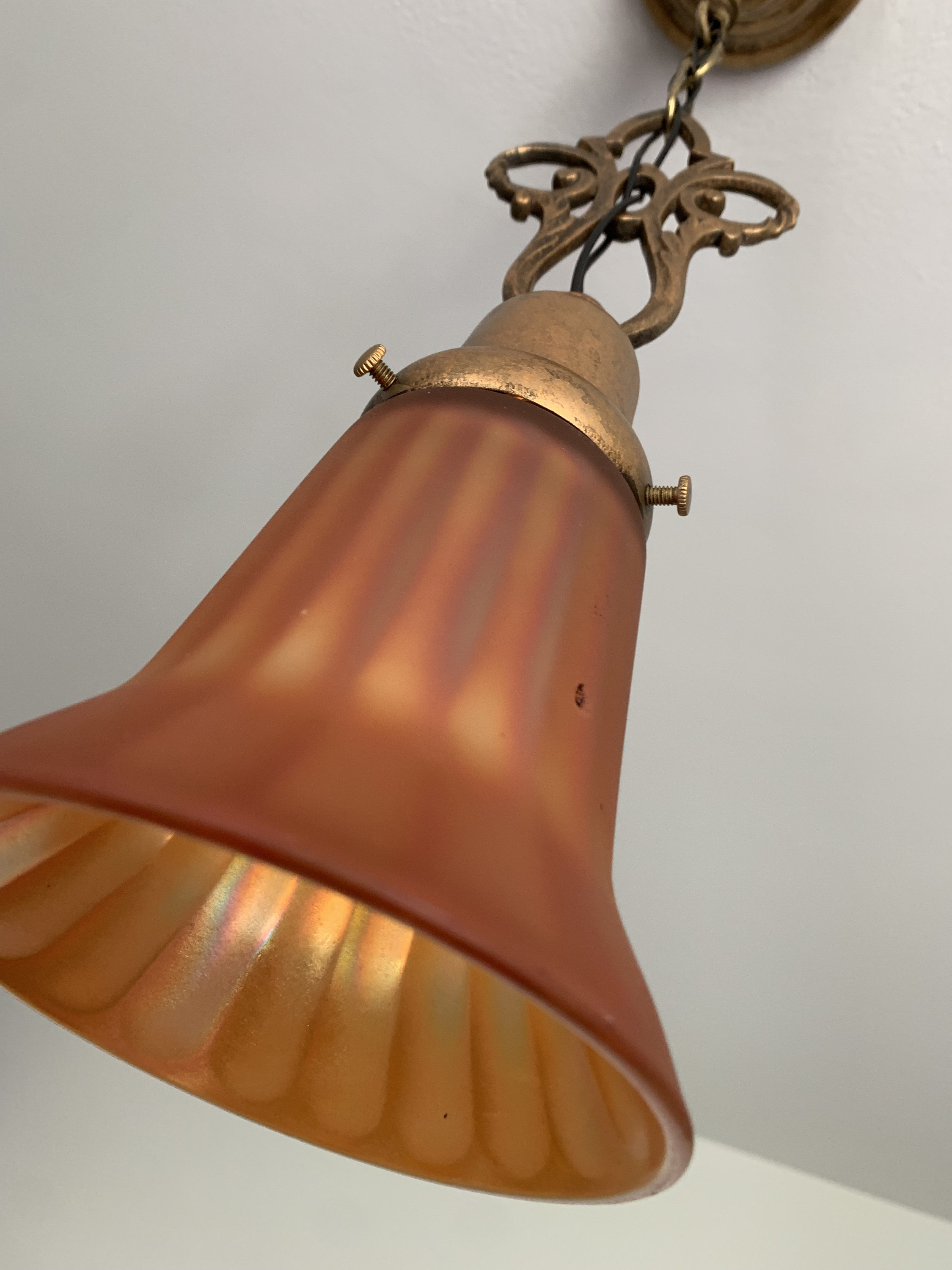 Hanging Carnival Glass Single Bulb Fixture, 1920-1923 NuArt Glass Shade ...