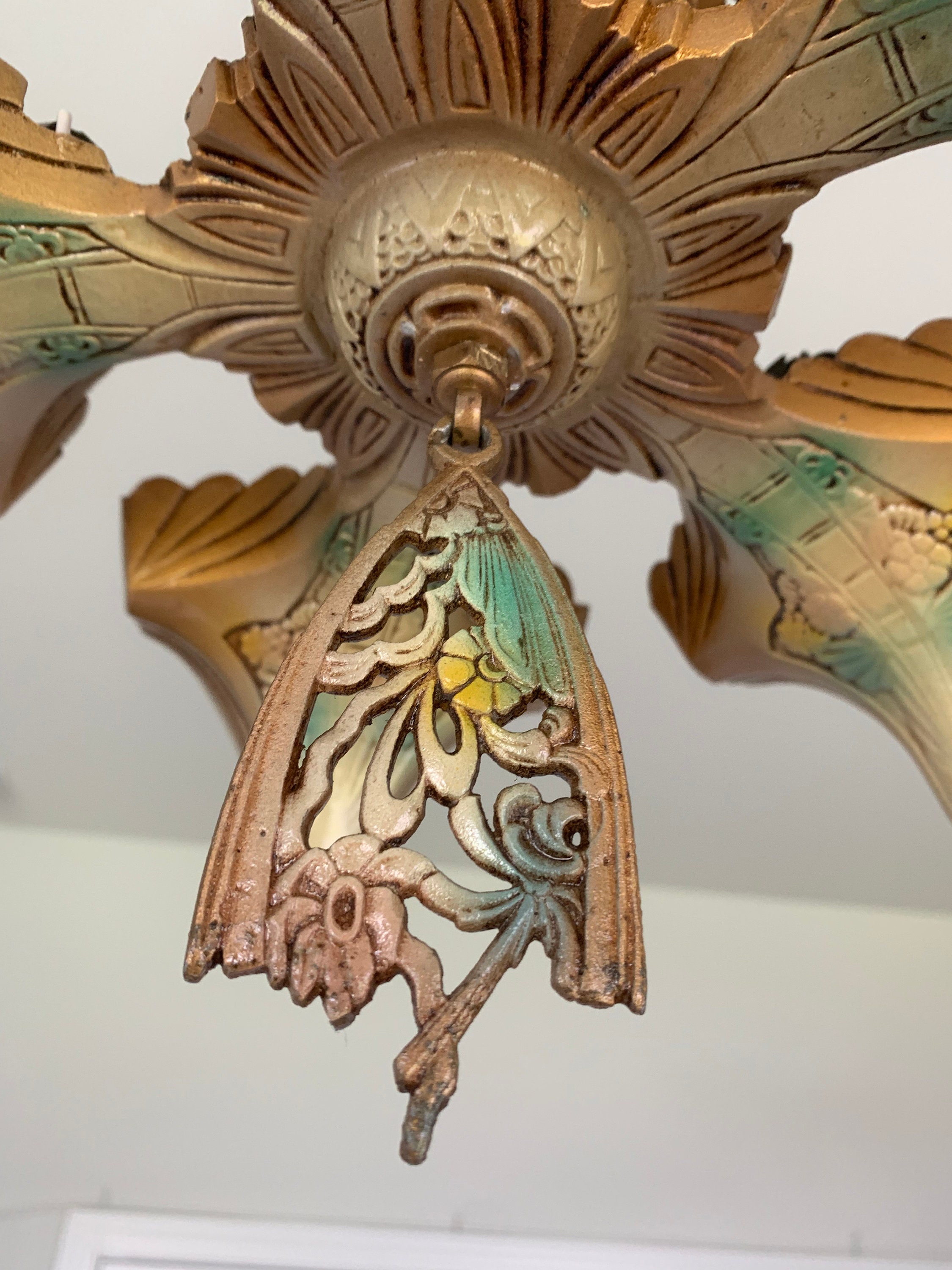 Batwing Slip Shade Hanging Chandelier, 1920's 5 Bulb Ceiling Fixture ...