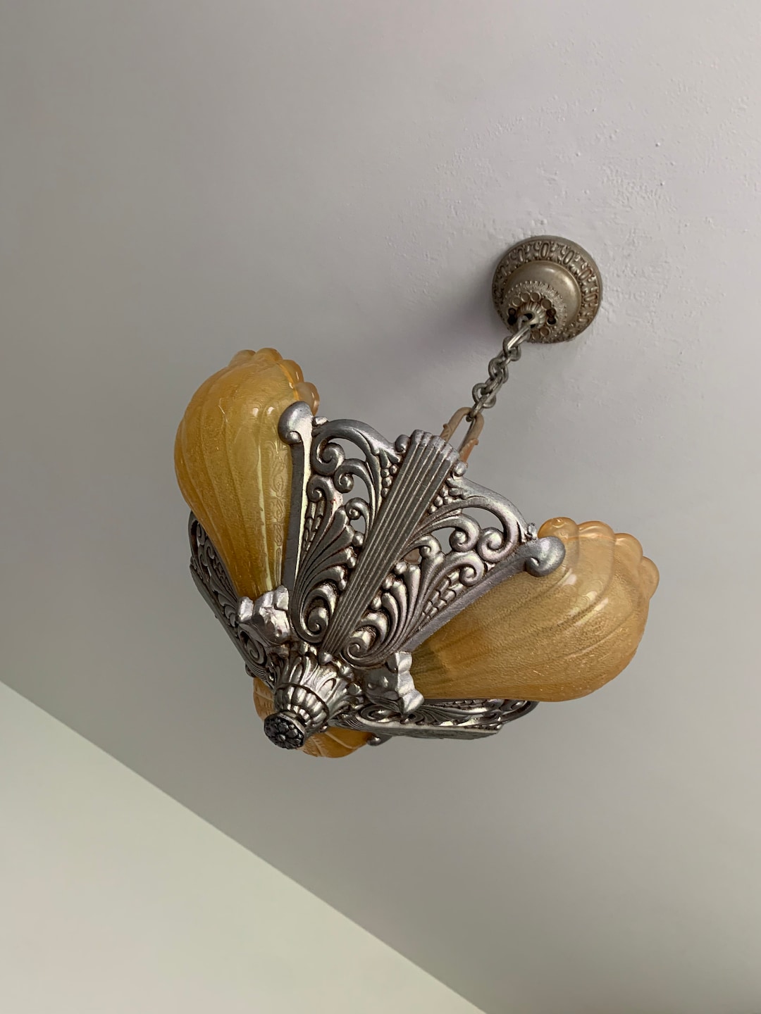 3 Bulb Slip Shade Hanging Chandelier, 1910's, Rewired/restored, Honey ...