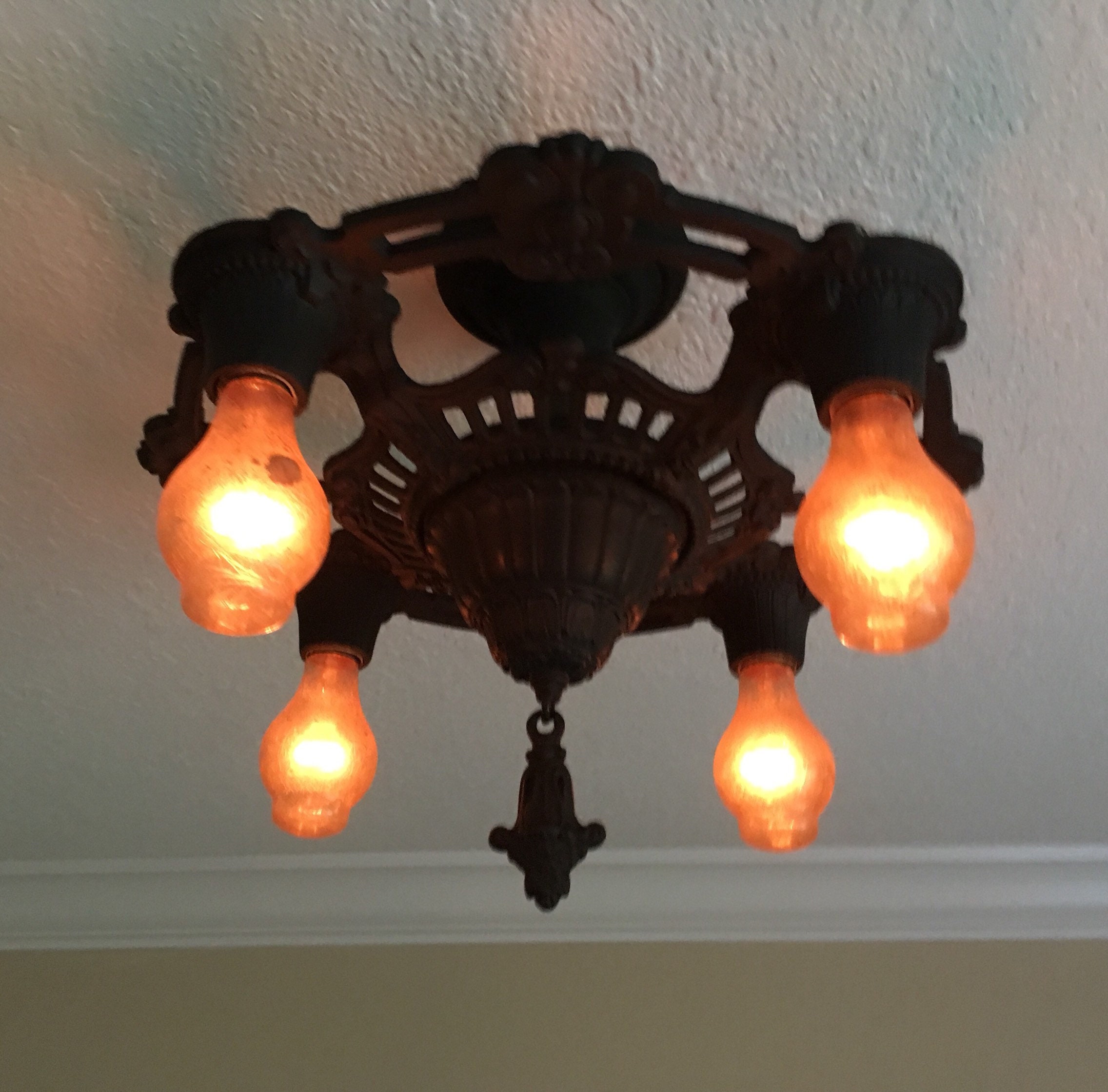 Antique 1920's 5 Bulb Semi Flush Light Fixture, Heavy Cast Iron ...