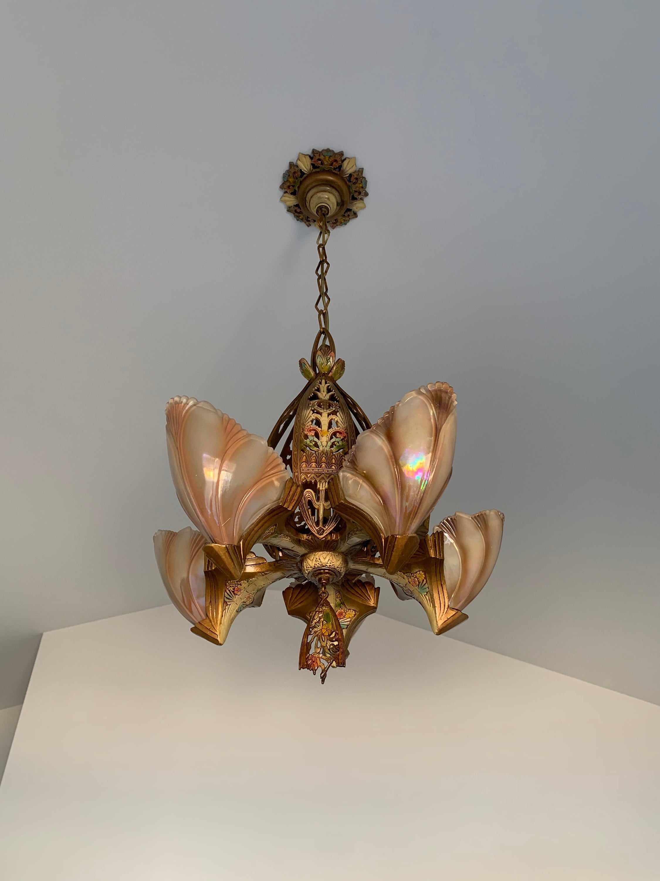 1905/07 Batwing Slip Shade Chandelier, Hanging 5 Light, Retouched ...