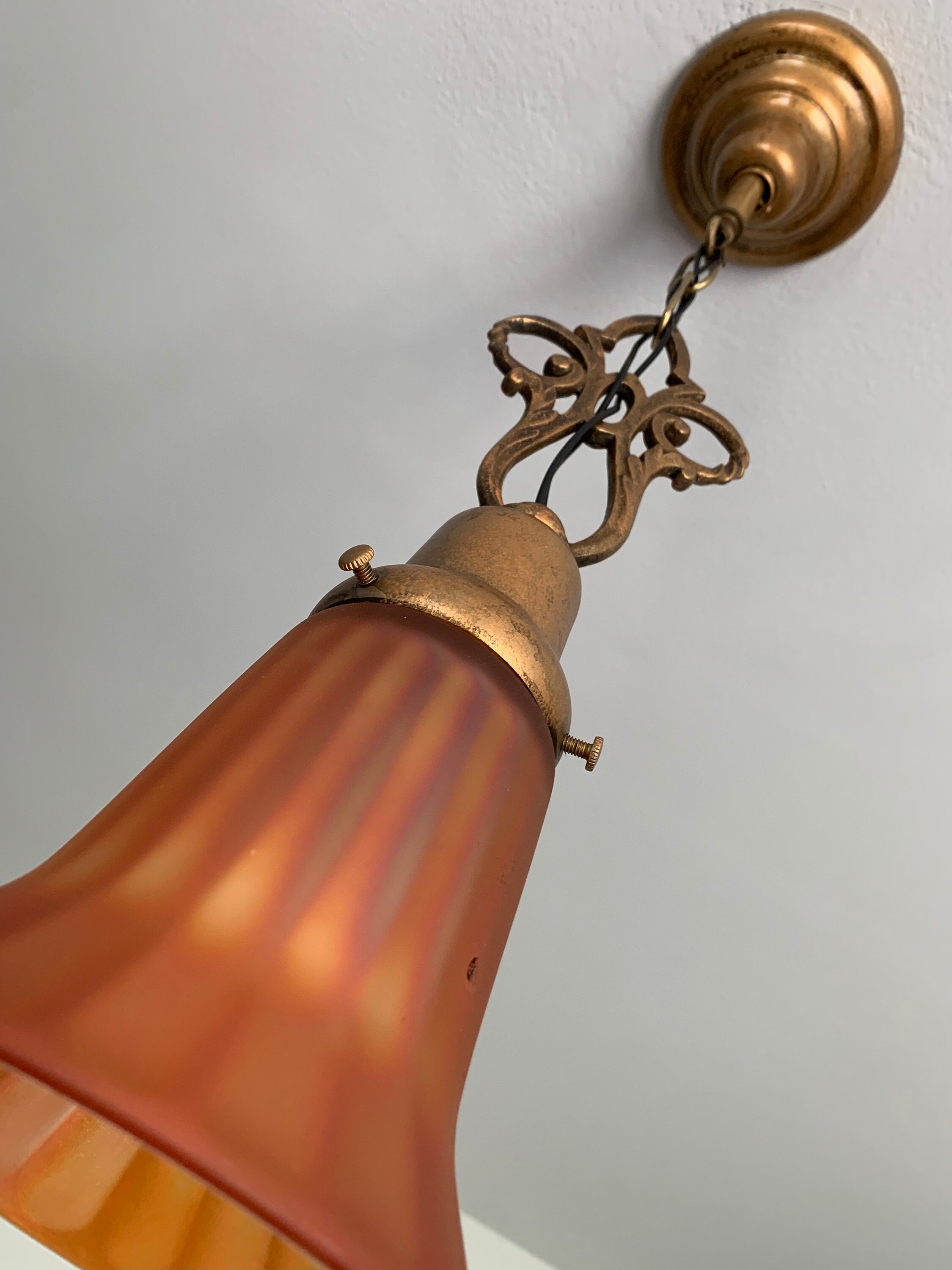 Hanging Carnival Glass Single Bulb Fixture, 1920-1923 NuArt Glass Shade ...