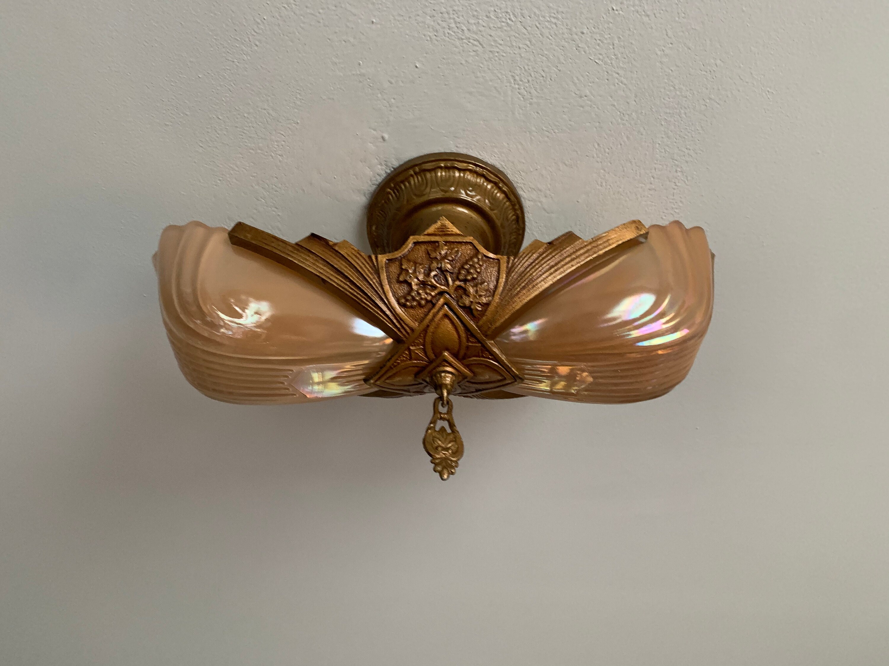 Semi Flush Slip Shade Chandelier, Rose Pink Glass Shades, 1910's, 2 ...