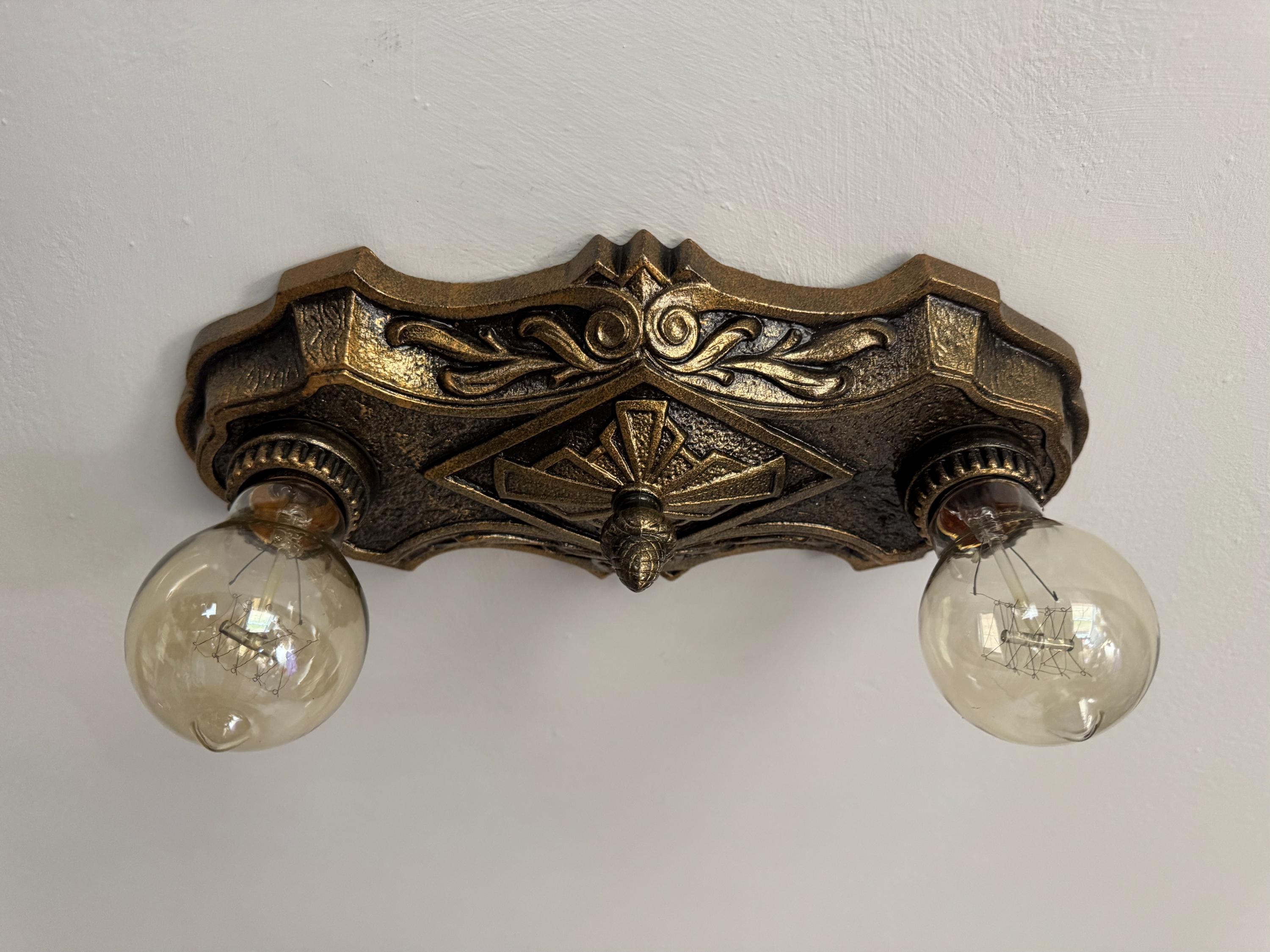 Art Deco Flush Mount Ceiling Light Fixture, 2 Bulb Antique Cast Iron ...