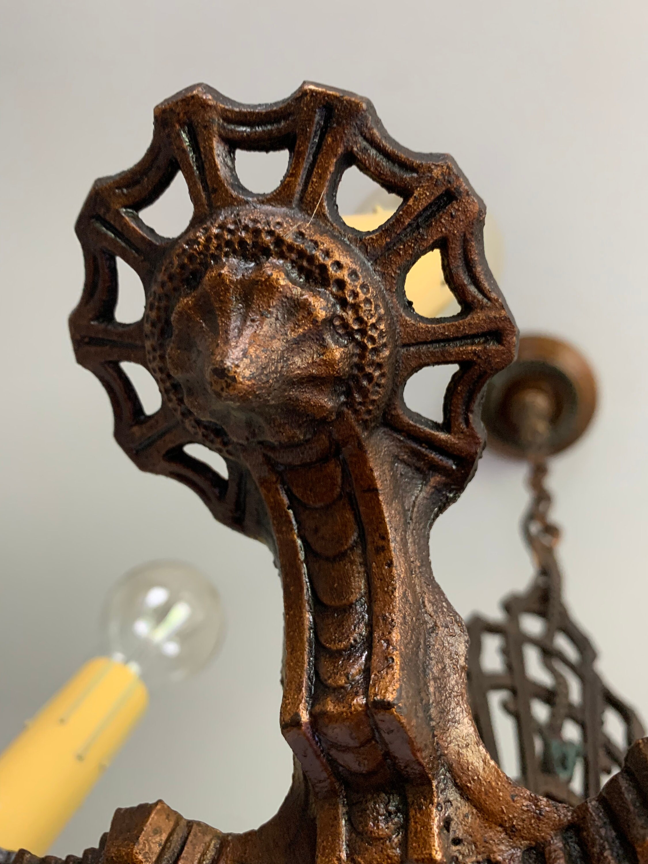 1905/07 Hanging Ceiling Light with Upright Bulbs, Heavy Cast Iron w ...