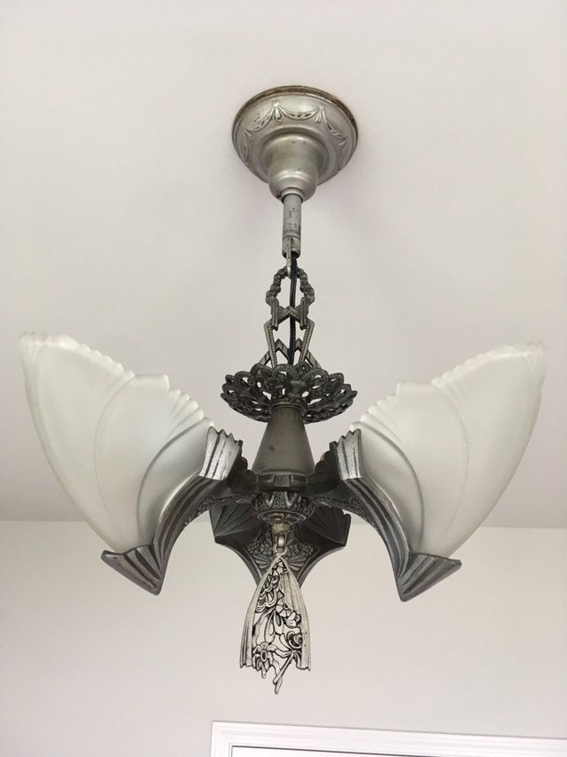 Batwing Slip Shade Hanging Chandelier, 1920's 3 Light Ceiling Fixture ...