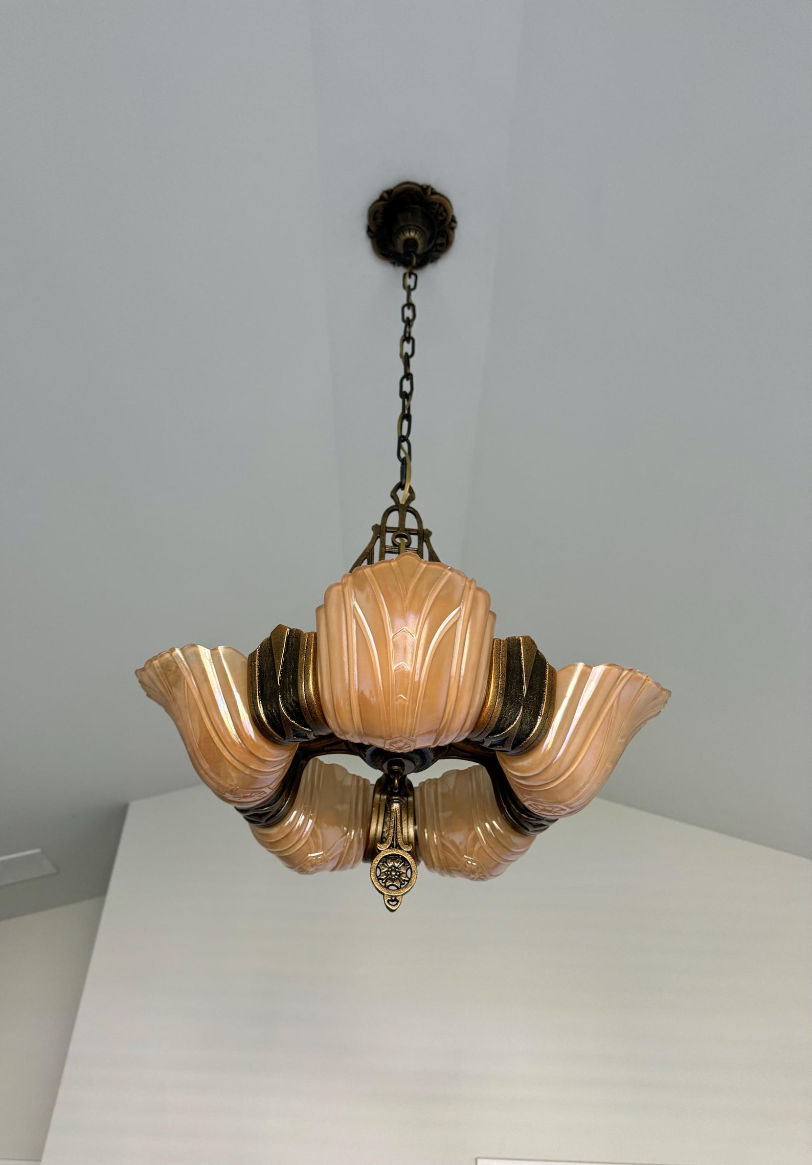 Antique Hanging Slip Shade Ceiling Fixture, 1910's Original Bronze ...