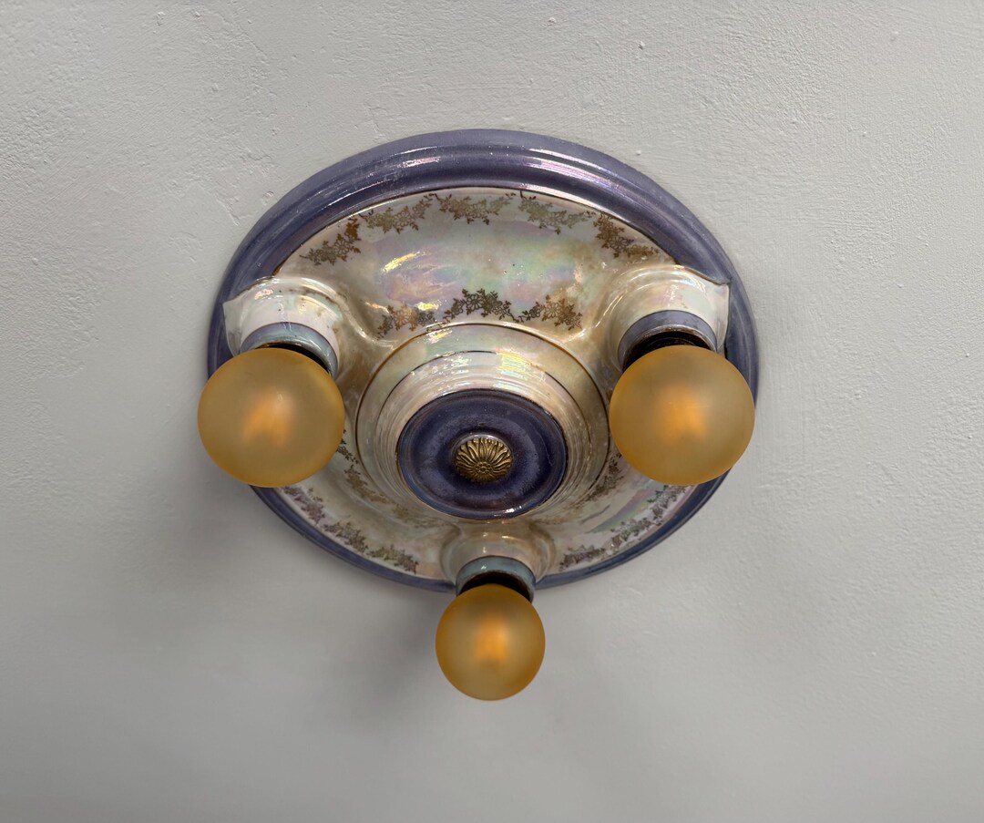 Antique German Porcelain Ceiling Light, Flush Mount, 1910's Iridescent ...