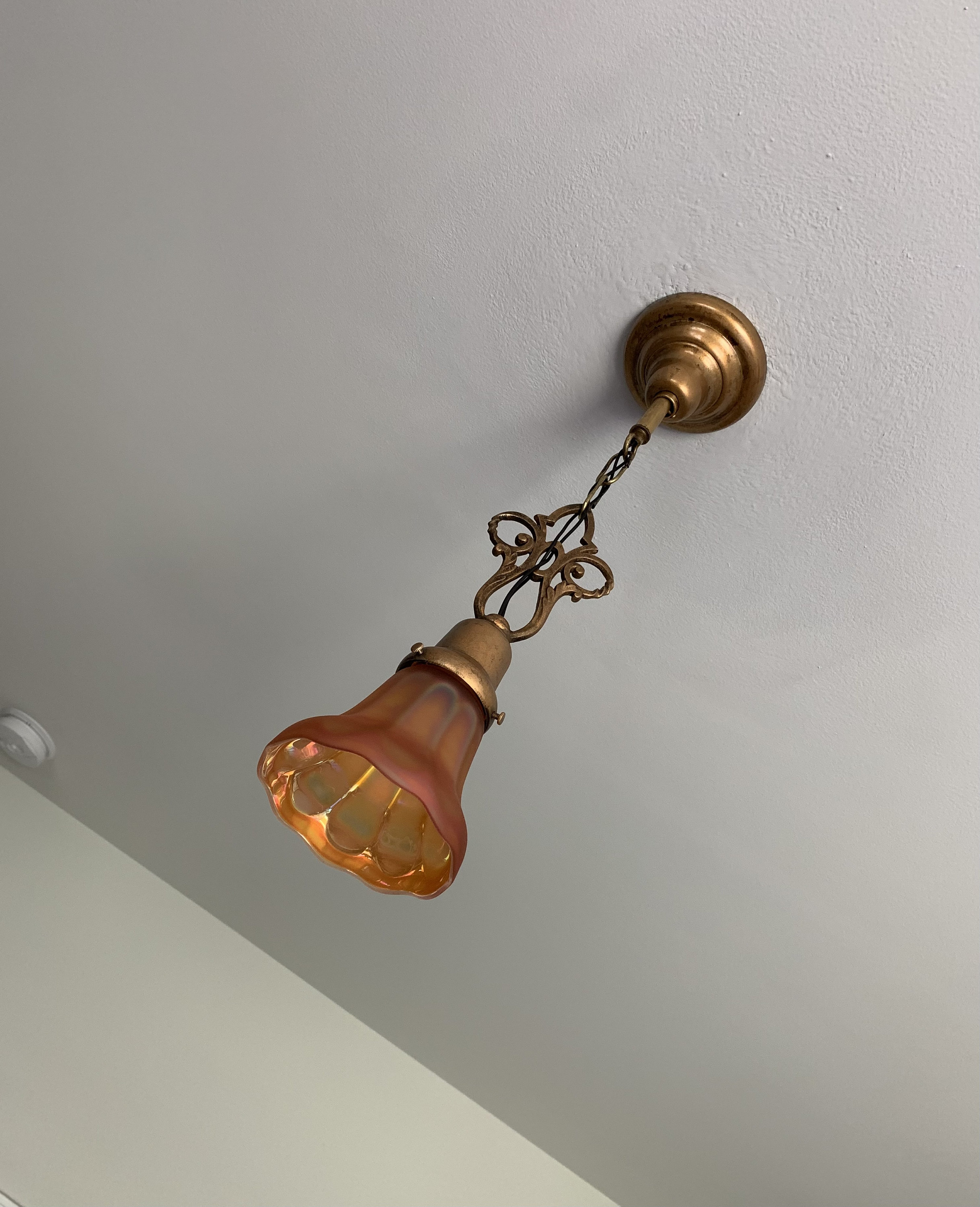 Hanging Carnival Glass Single Bulb Fixture, 1920-1923 NuArt Glass Shade ...