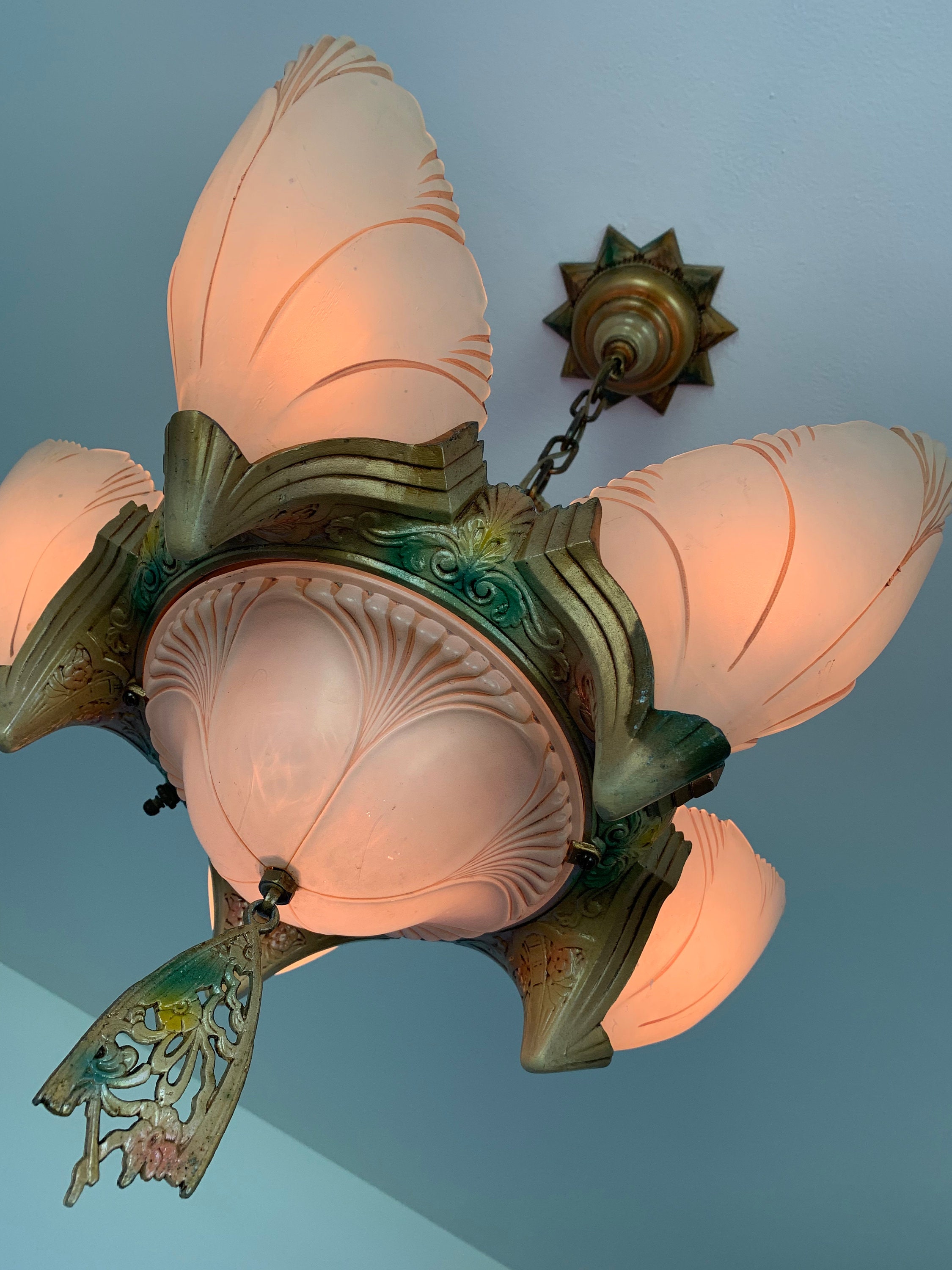 Batwing Slip Shade Hanging Chandelier, 1920's 6 Bulb Ceiling Fixture ...