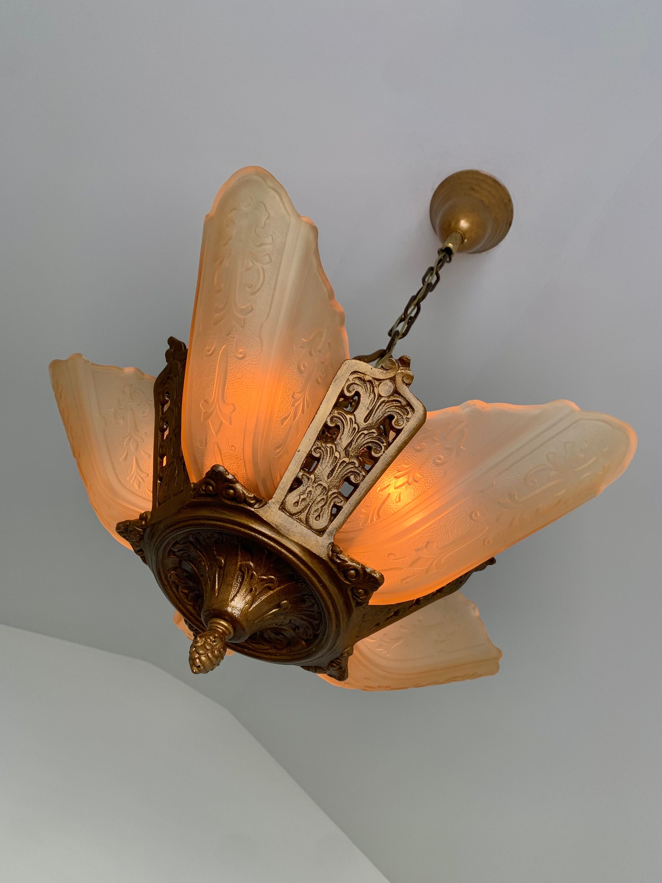 Antique Hanging 5 Light Slip Shade Chandelier, 1920's Cast Iron Art ...