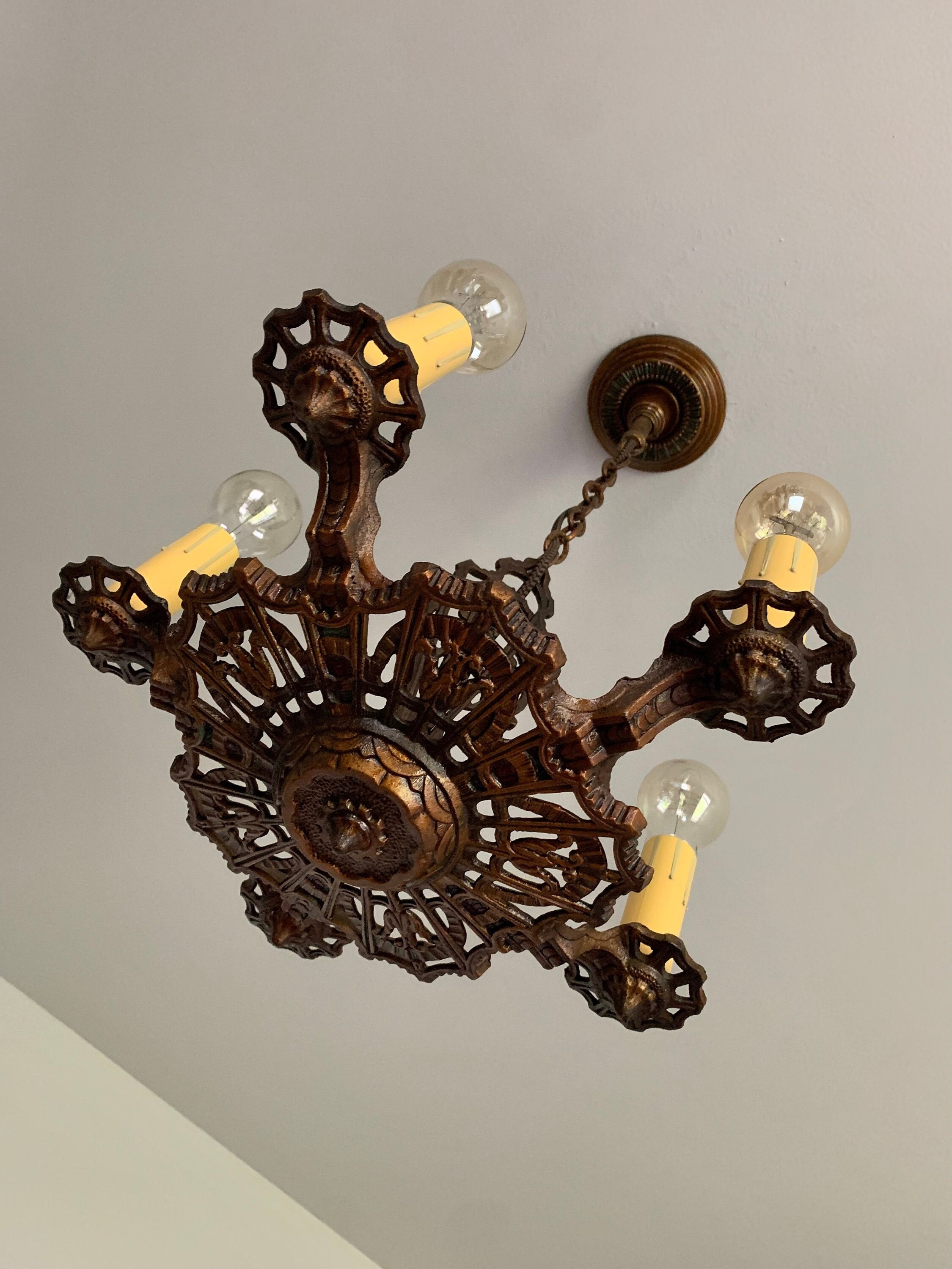 1905/07 Hanging Ceiling Light with Upright Bulbs, Heavy Cast Iron w ...