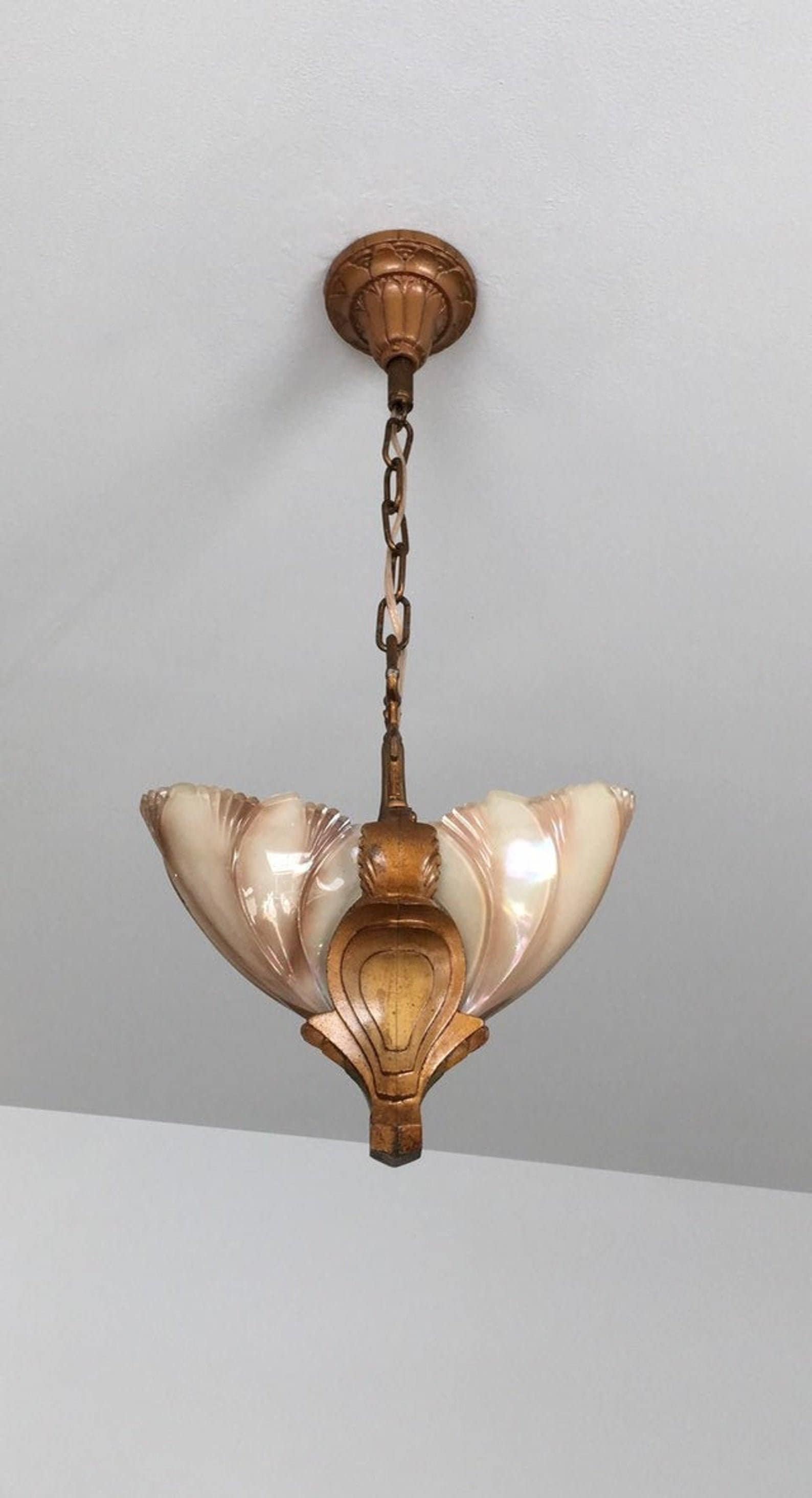 1920's Antique Art Deco Hanging Batwing Slip Shade Chandelier, Original ...
