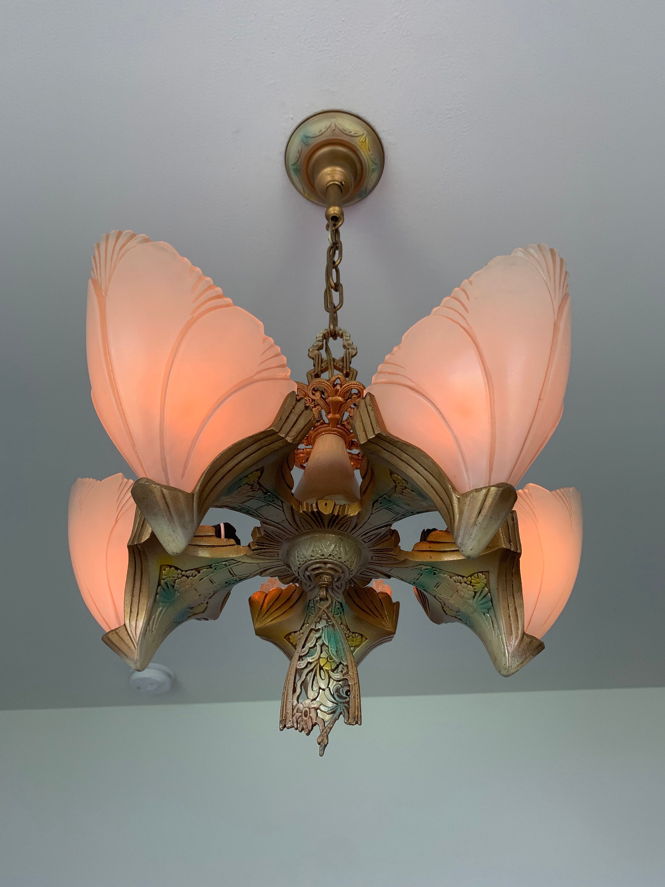 Batwing Slip Shade Hanging Chandelier, 1920's 5 Bulb Ceiling Fixture ...