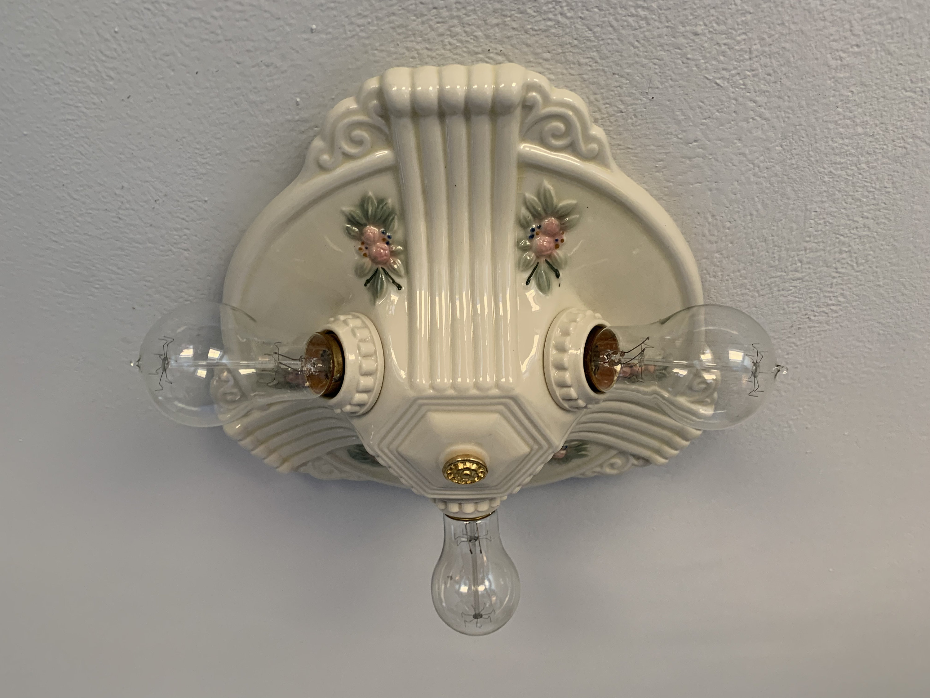 Flush Mount Ceiling Fixture with Roses, Three Light Porcelain, Rewired ...