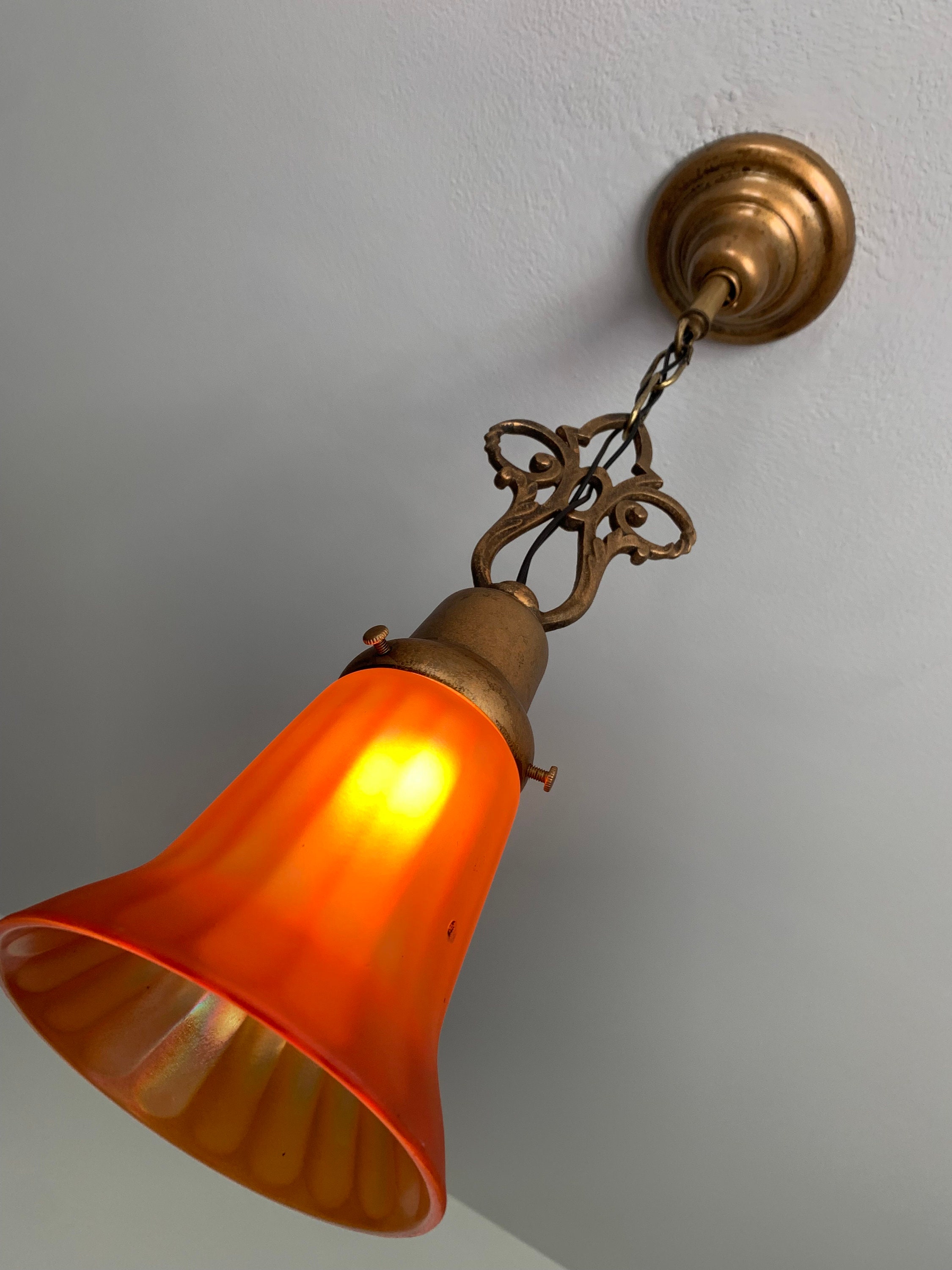 Hanging Carnival Glass Single Bulb Fixture, 1920-1923 NuArt Glass Shade ...