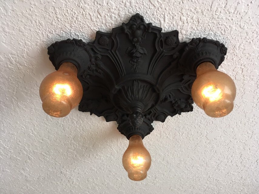 Flush Mount Cast Heavy Iron Ceiling Light, 1910's Art Nouveau with ...