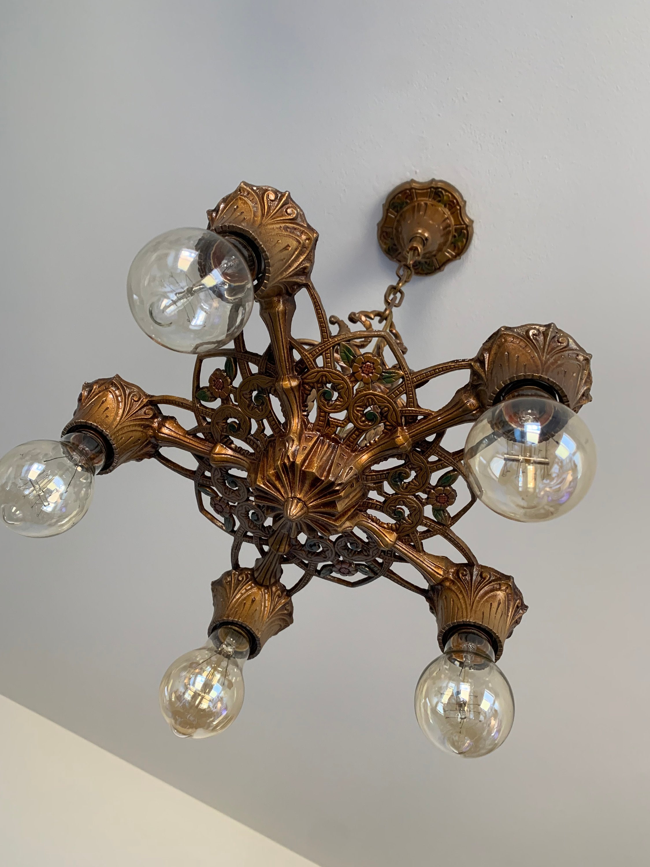 1914 Hanging Antique Ceiling Light, Original Deep Bronze Decor, Rewired ...