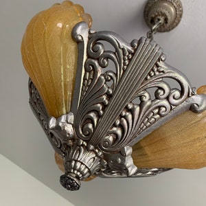 3 Bulb Slip Shade Hanging Chandelier, 1910's, Rewired/restored, Honey ...