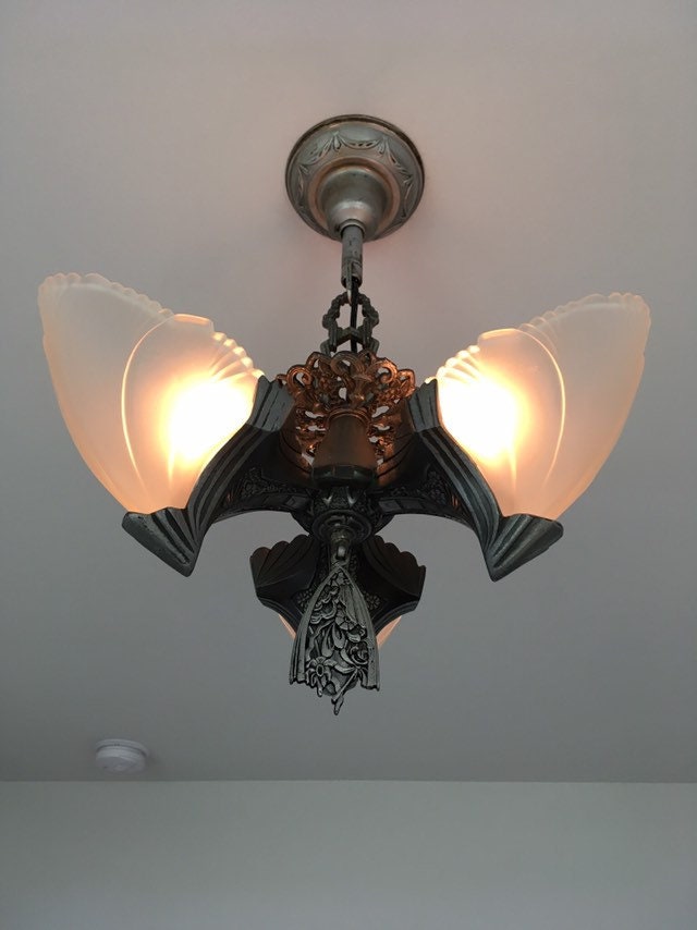 Batwing Slip Shade Hanging Chandelier, 1920's 3 Light Ceiling Fixture ...