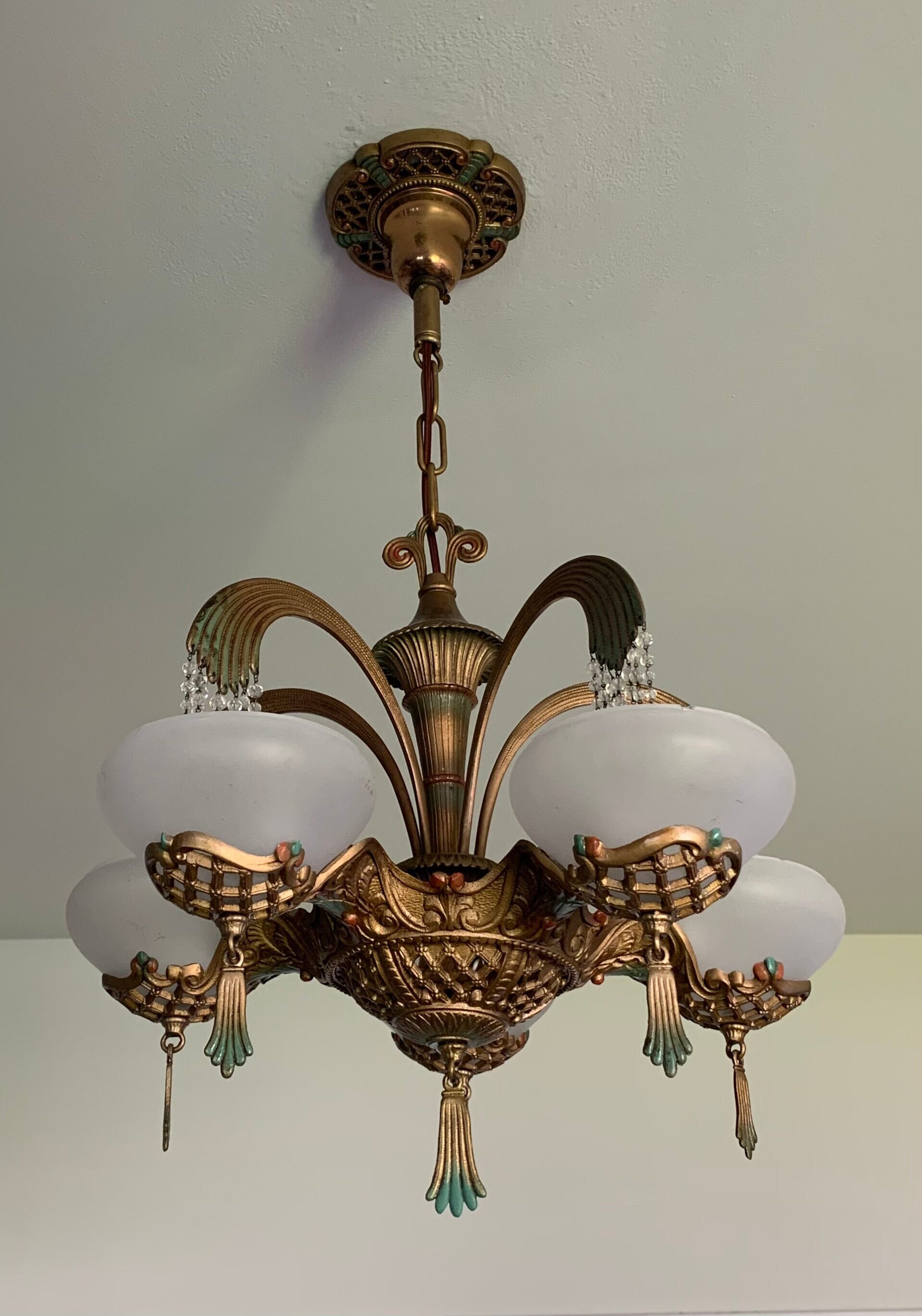 Hanging Gill Glass and Fixture Company Slip Shade Chandelier Ceiling ...