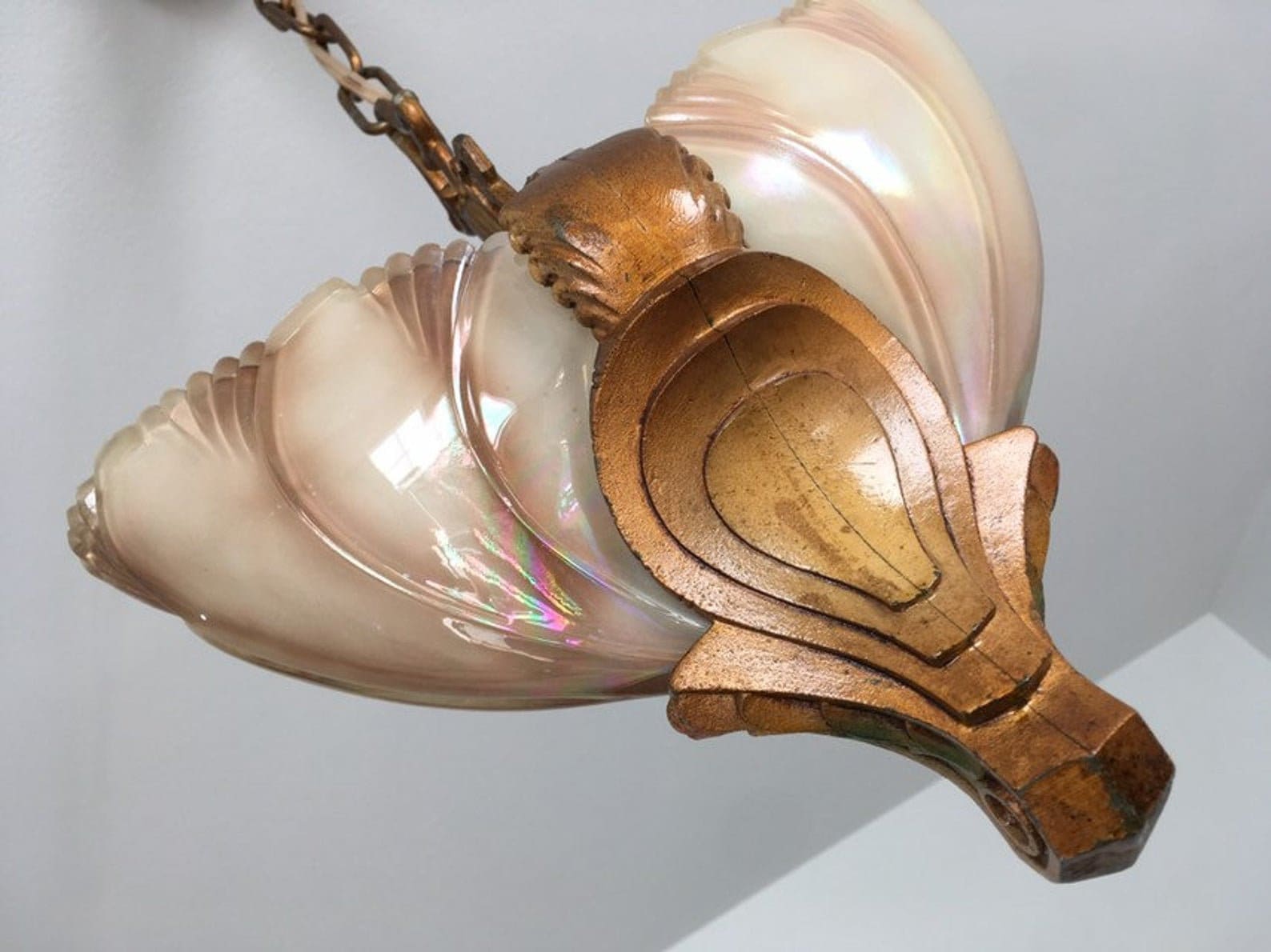 1920's Antique Art Deco Hanging Batwing Slip Shade Chandelier, Original ...